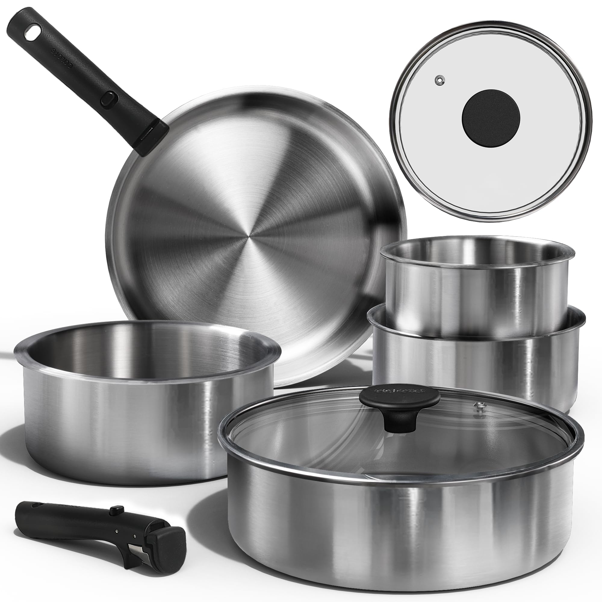CAROTE Pots and Pans Set, Stainless Steel Cookware Set Detachable ...