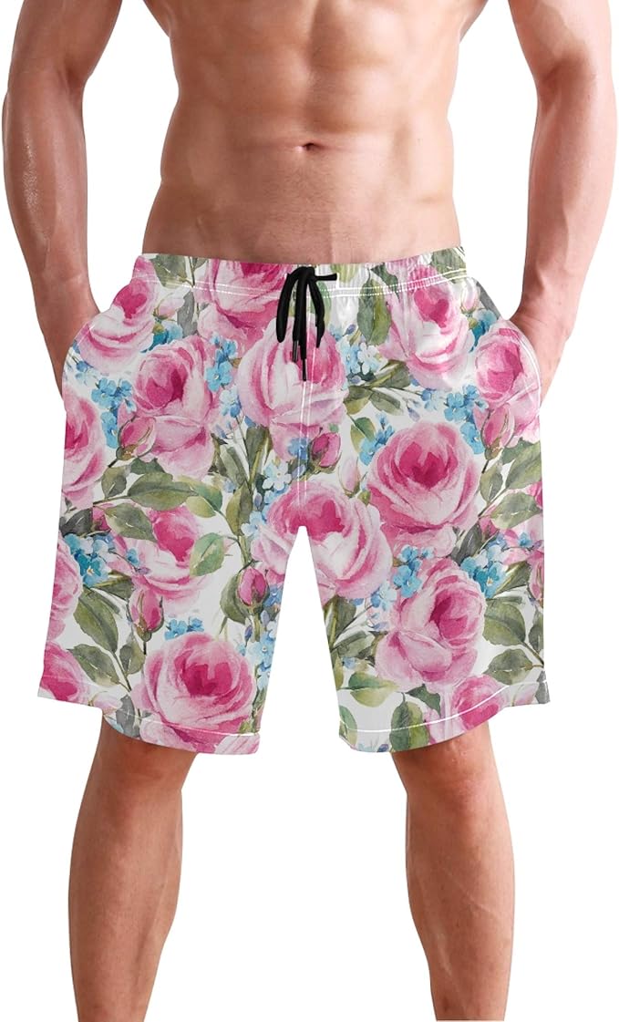Pink Flower Swim Trunks for Men Summer Beach Mens Shorts S 20402508 ...