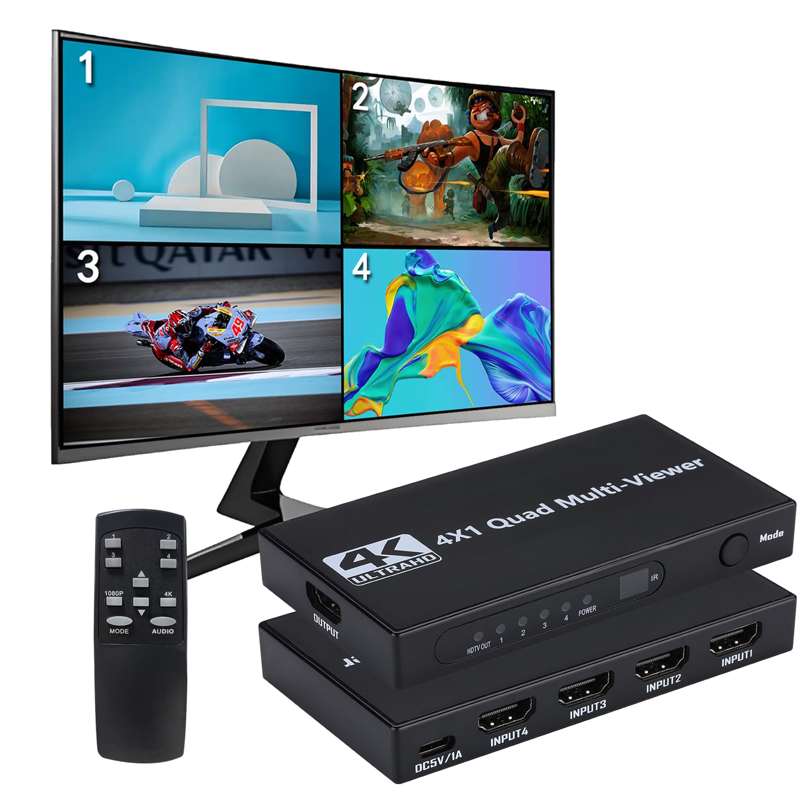 HDMI Multiviewer Switch 4x1 Seamless Switching Quad Multi-Viewer 4 in 1 ...