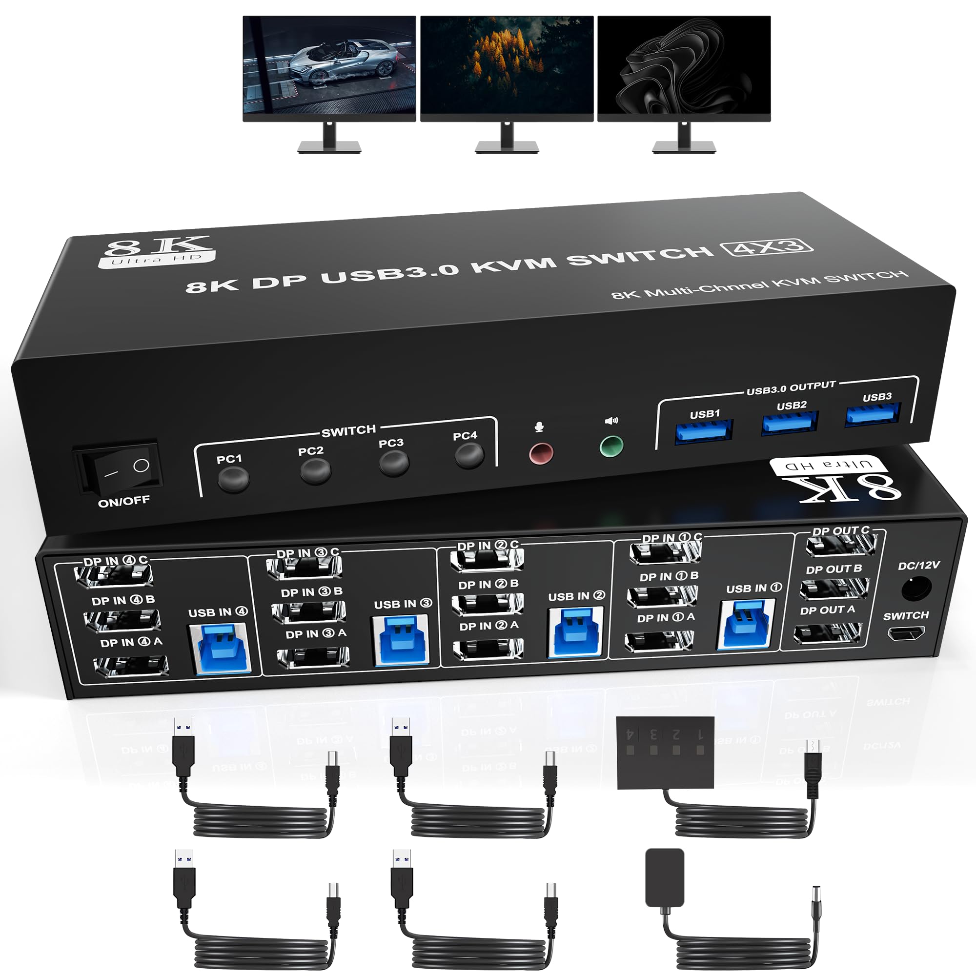 Mua 8K@60Hz USB3.0 Displayport KVM Switch 3 Monitors 4 Computer, DP1.4 Triple Monitor KVM Switch ...