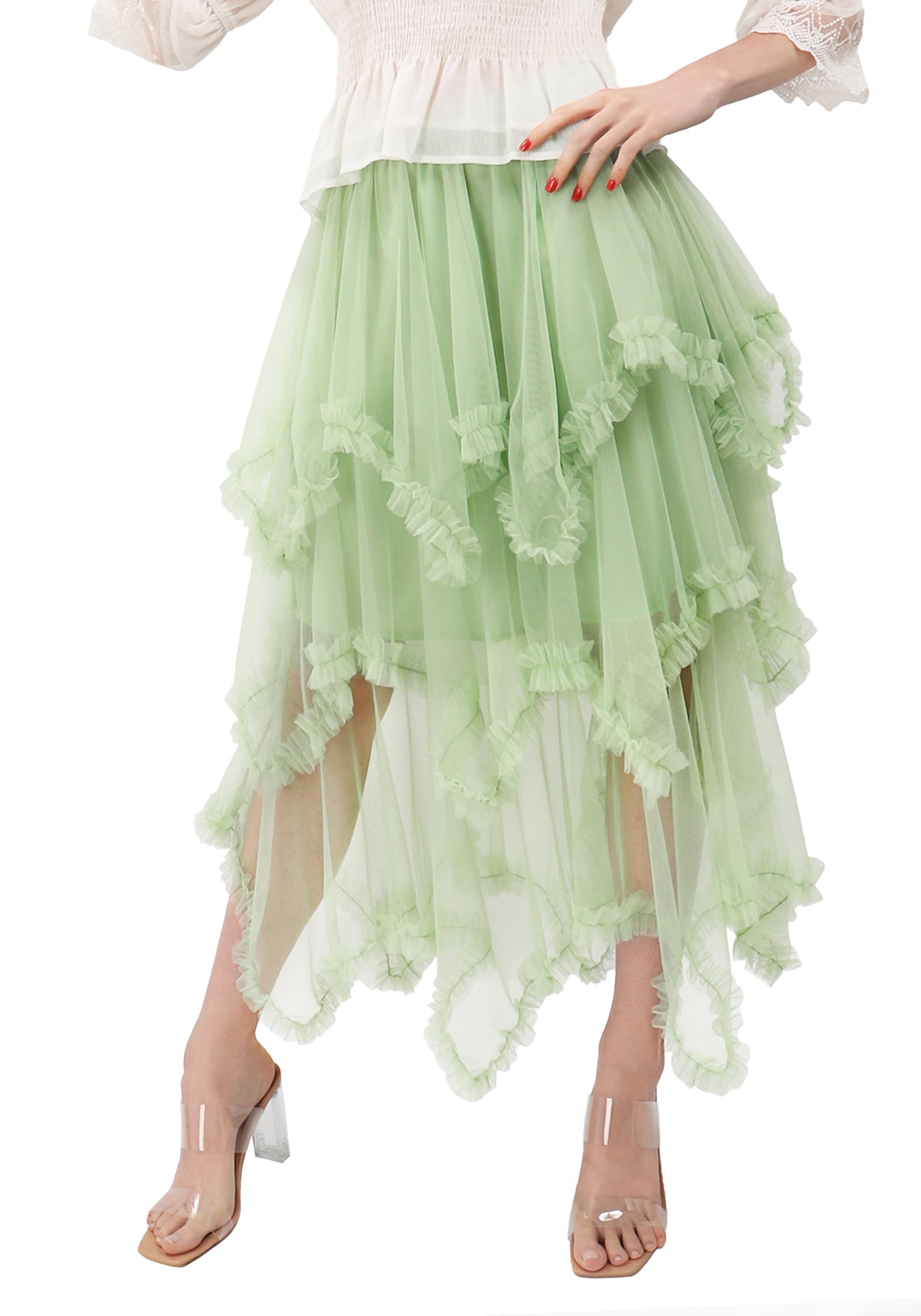 DAZCOS Tulle Skirt for Women High Low Ruffle Elastic Waist Midi Skirt ...
