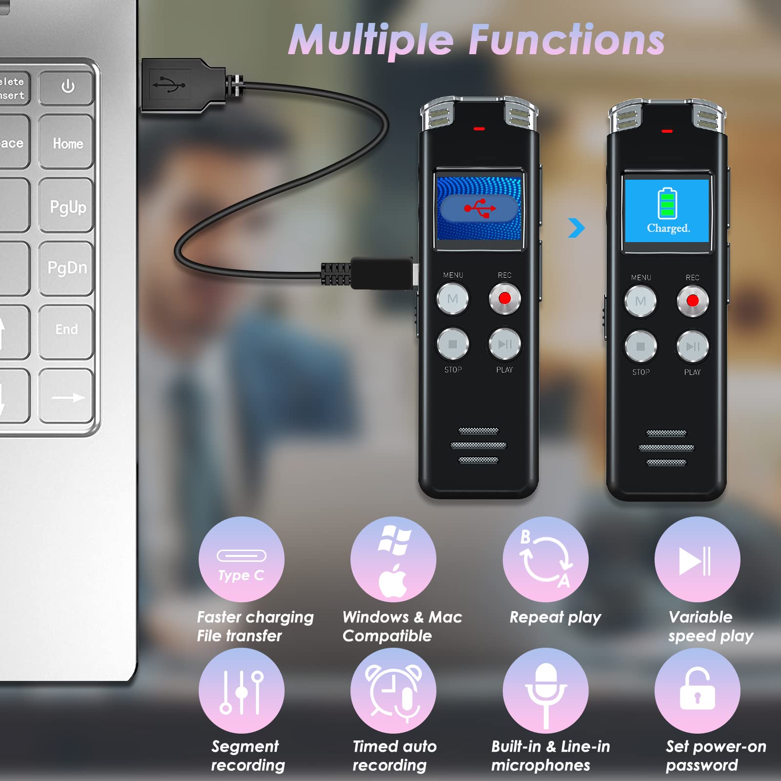 128GB Digital Voice Recorder With Playback: Voice Activated Recorder ...