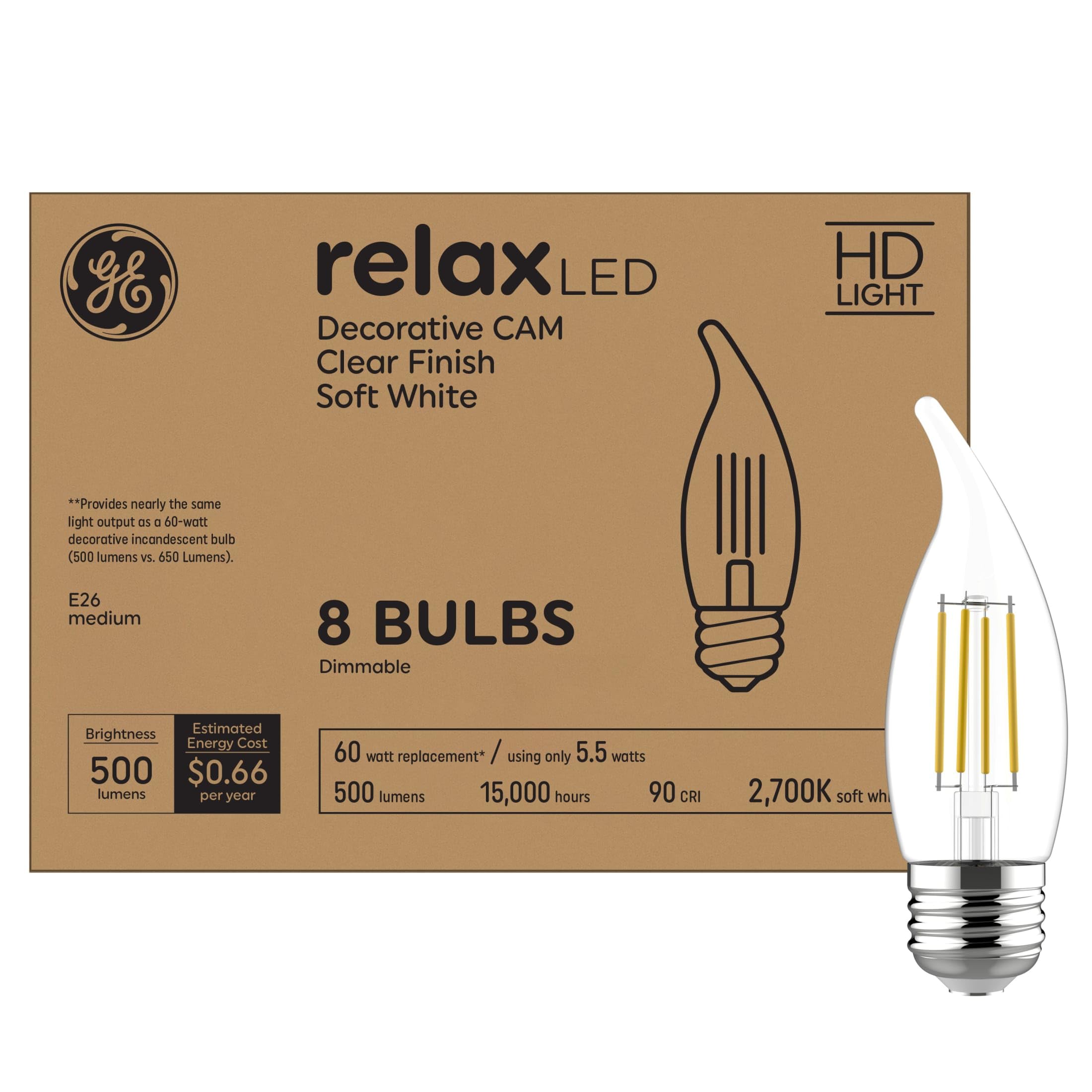 GE Relax LED Light Bulbs, 60W, Soft White Candle Lights, Decorative ...