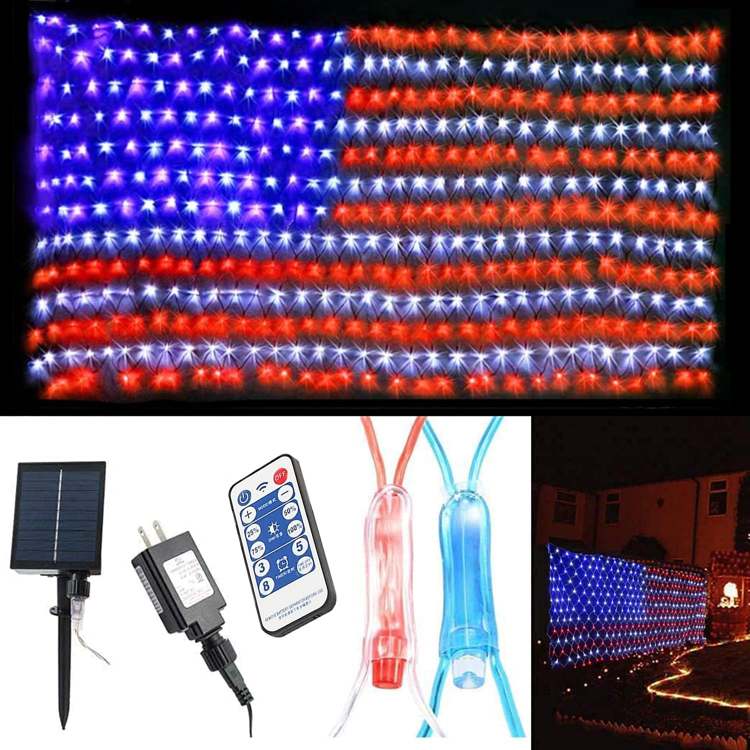 FUNIAO (Upgraded) 2-in-1 Plug-in & Solar Powered American Flag Lights ...