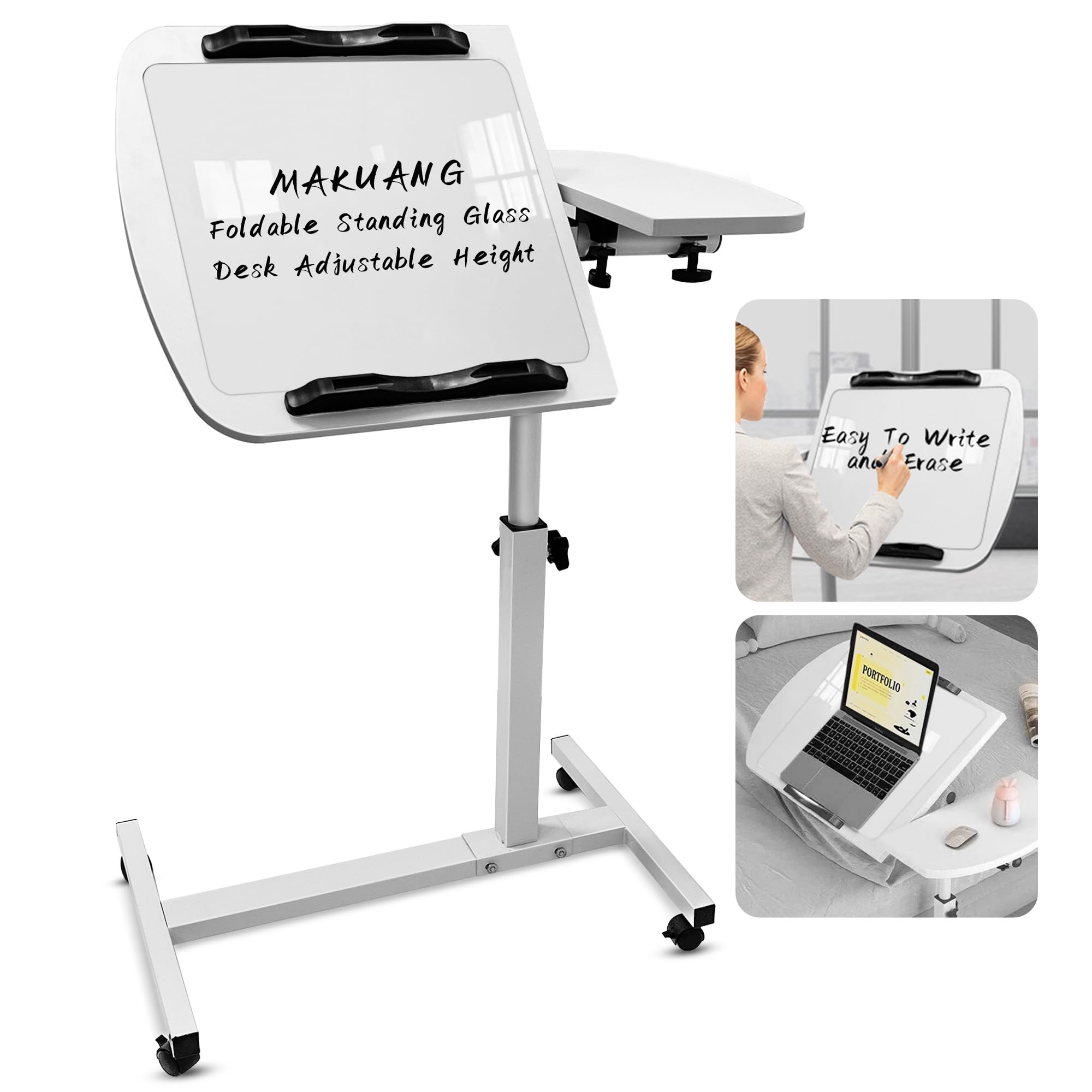 MAKUANG Rolling Laptop Desk Adjustable Height with Writing Glass, Over ...