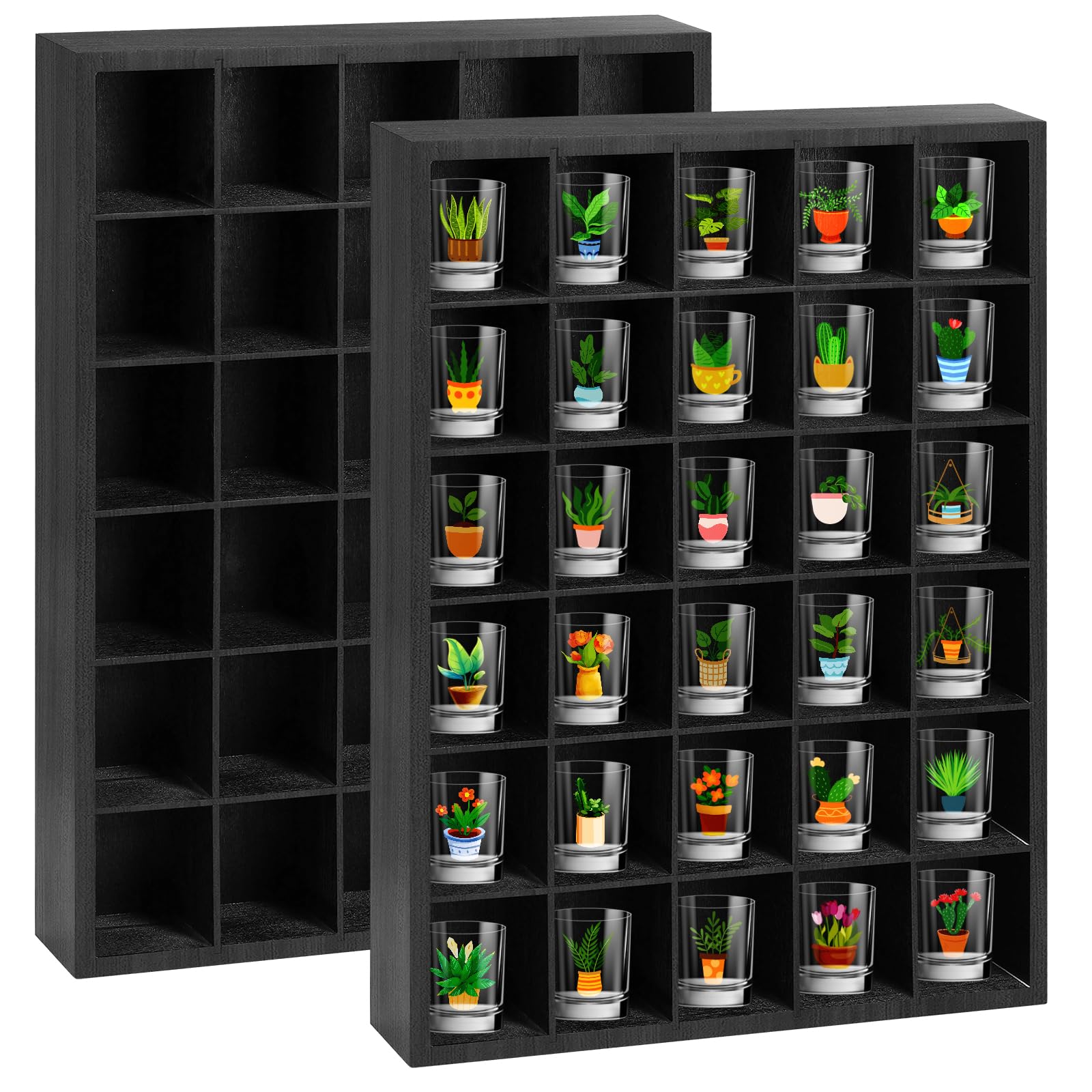 2 Pcs Shot Glass Display Case Black Wooden Shot Glass Holder Display ...
