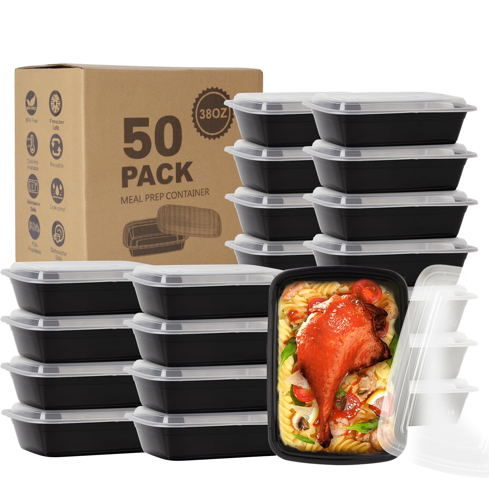 Ezalia 50 Pack- Meal Prep Containers 38oz, Plastic Food Prep Containers ...