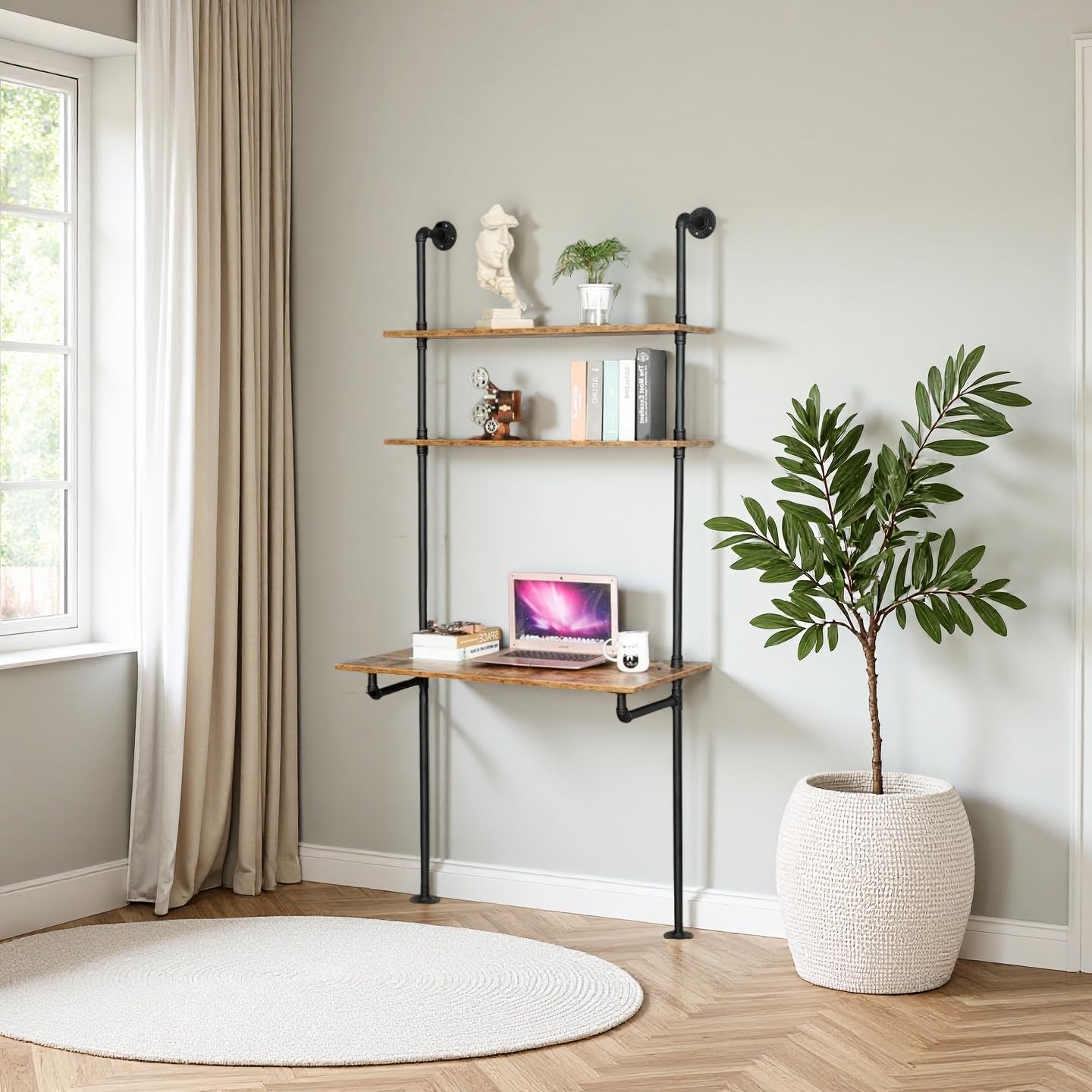 ZIOTHUM Industrial Wall Mount Desk with Shelves, Ladder Style Computer ...