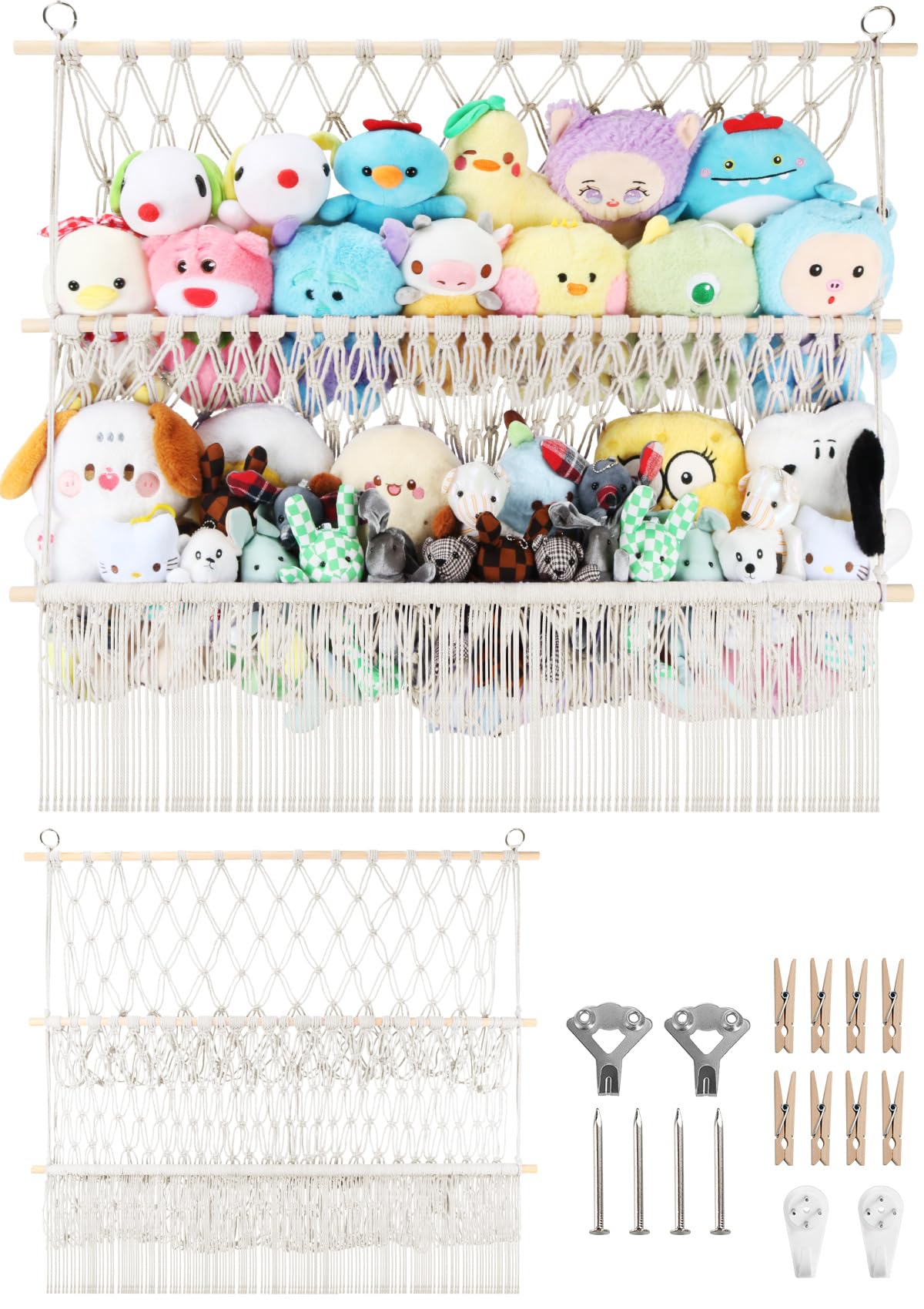 2 Tier Stuffed Animal Storage Shelf Net, 35x30'' Large Plushie Net w/ 2 ...