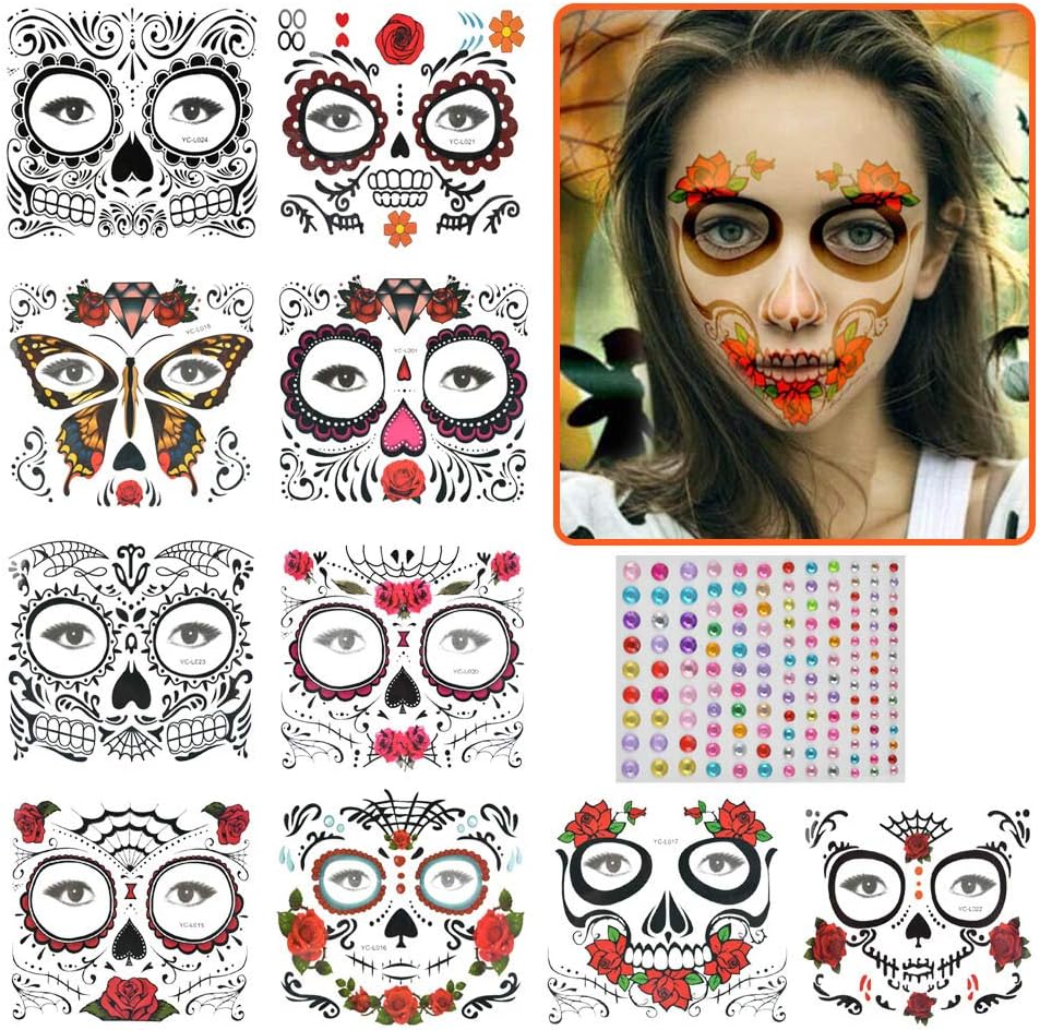 10 Sheets of Halloween Face Tattoos Stickers, Temporary Face Tattoos ...