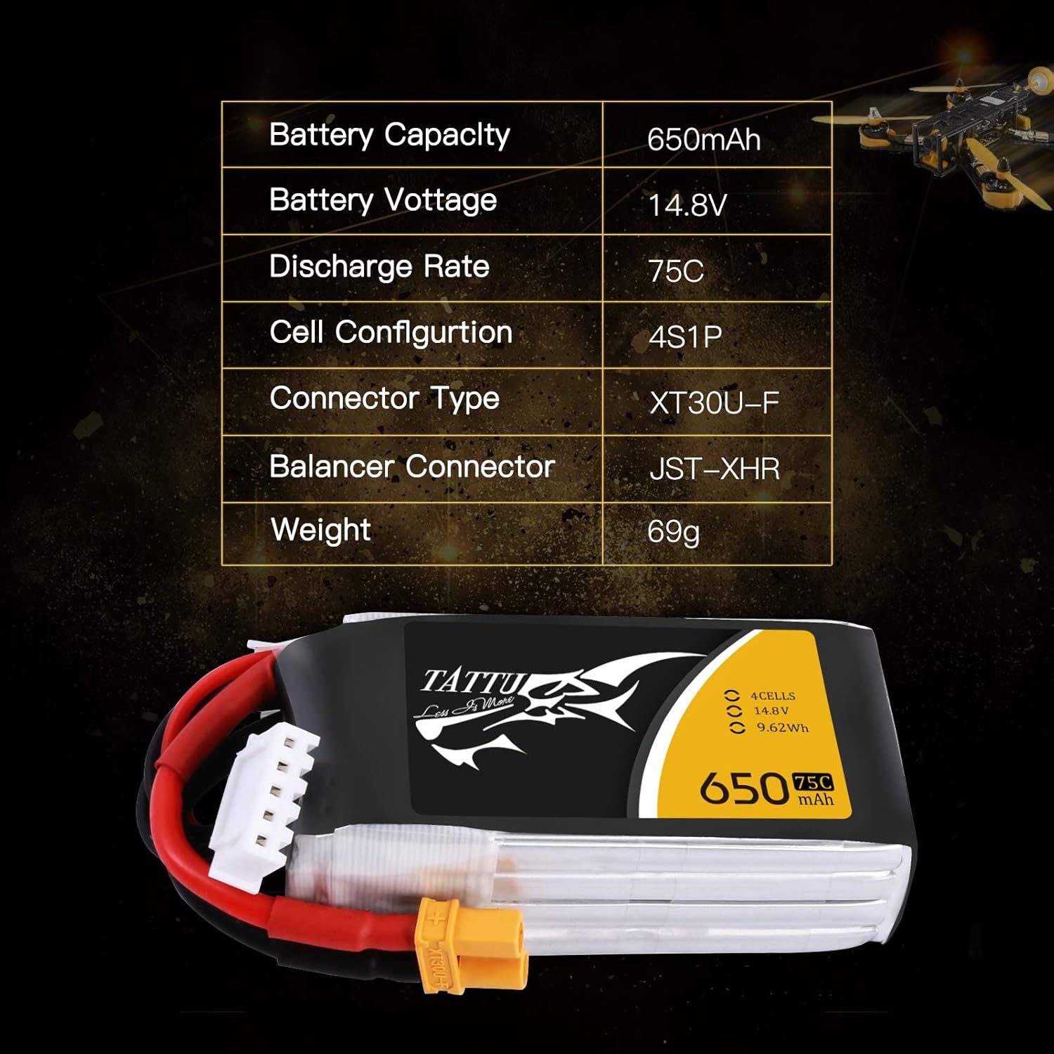 TATTU LiPo battery pack with XT30 connector, 650 mAh, 14.8 V, for UAV ...