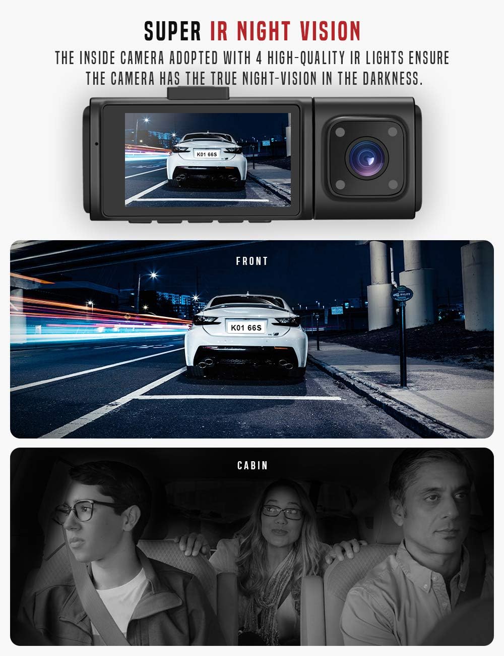 3 Channel Dash Cam with IR Night Vision, IIWEY Full HD 1080P Front ...