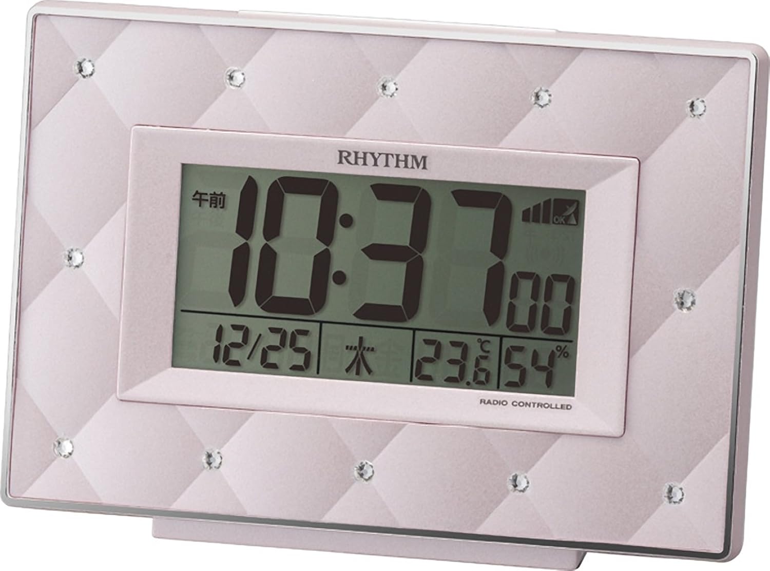 Amazon.co.jp : リズム時計 目覚まし時計 電波 デジタル フィットウェーブアビスコ スワロフスキー ・ クリスタル 飾り ピンク ...
