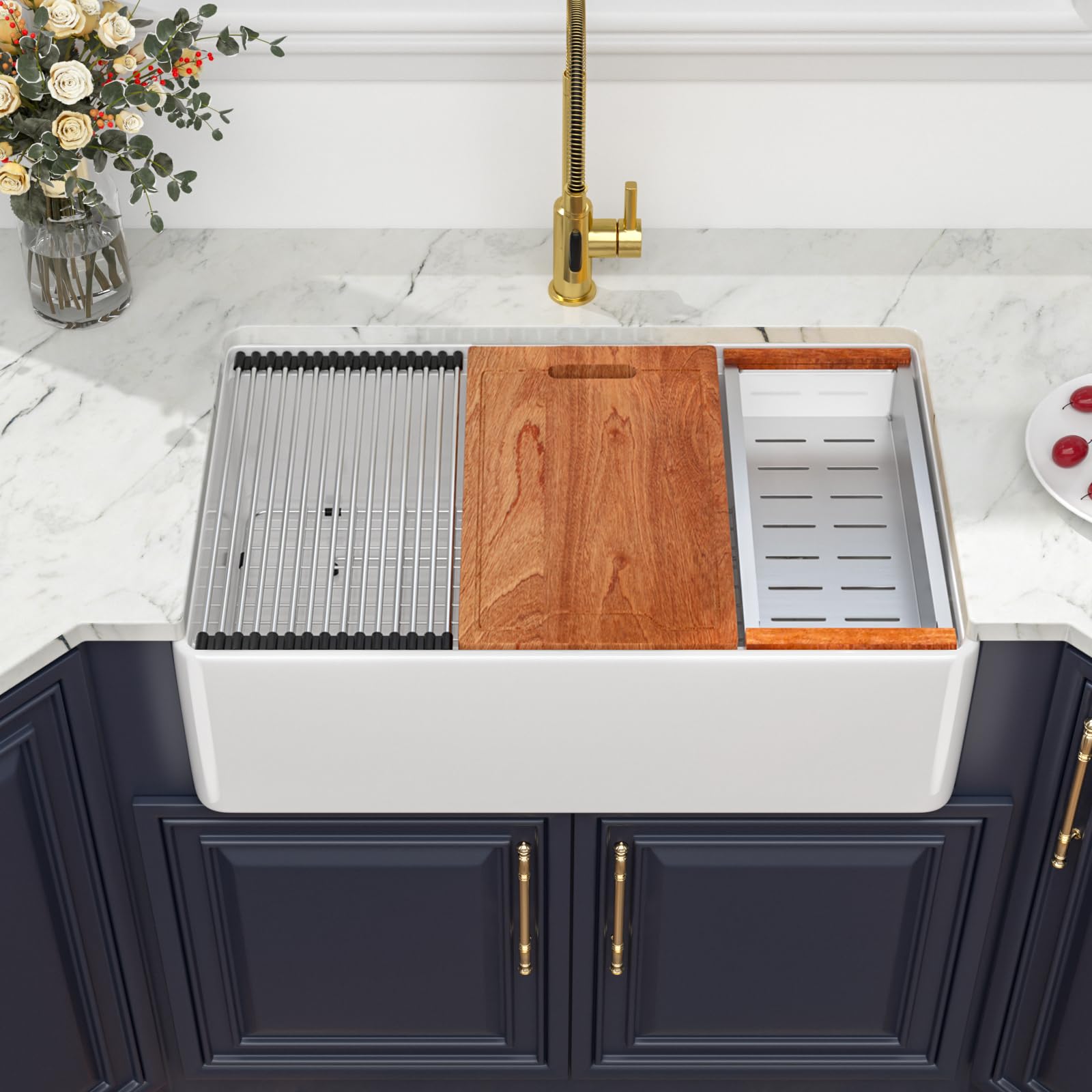 Kichae 33 Inch White Farmhouse Sink Workstation Apron Front Sink Farm ...