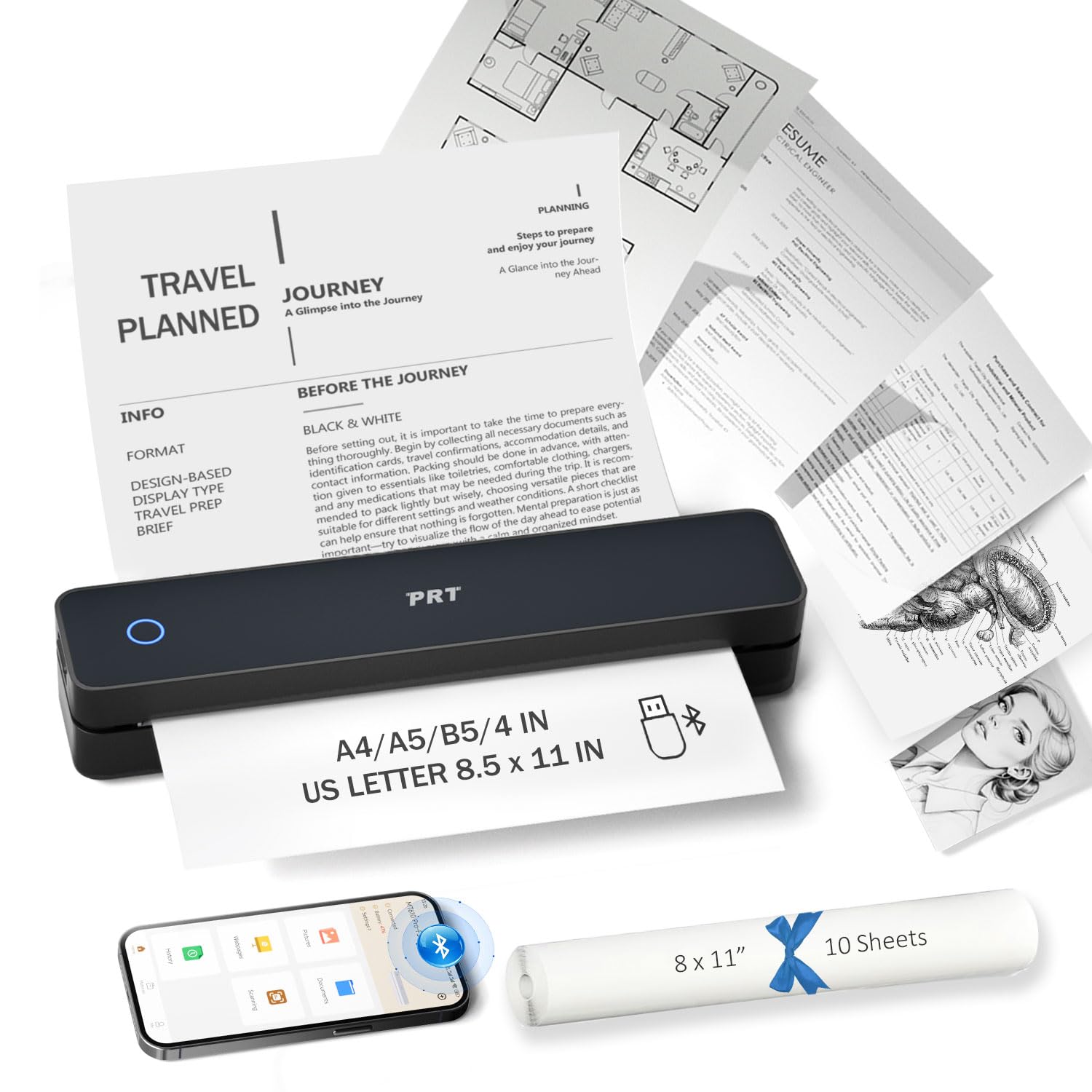 PRT Inkless Portable Printer for Travel, Wireless Thermal Printer ...