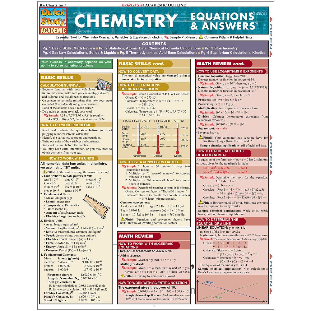 Mua Chemistry Equations & Answers Laminated Reference Guide (QuickStudy Academic) Chemistry ...