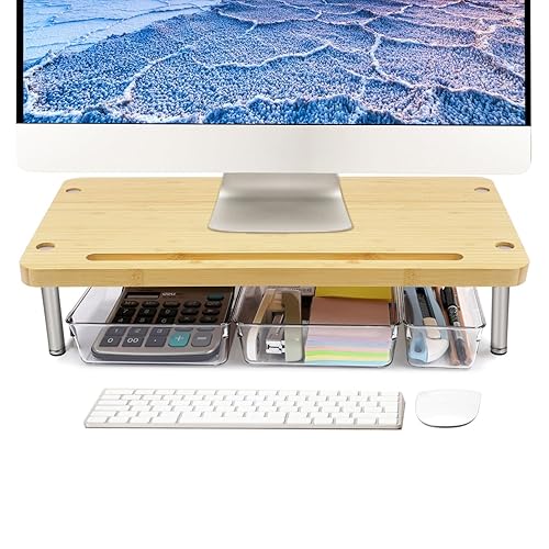 ZOVANO Monitor Stand Riser, Bamboo Monitor Stand for desk with 3 ...