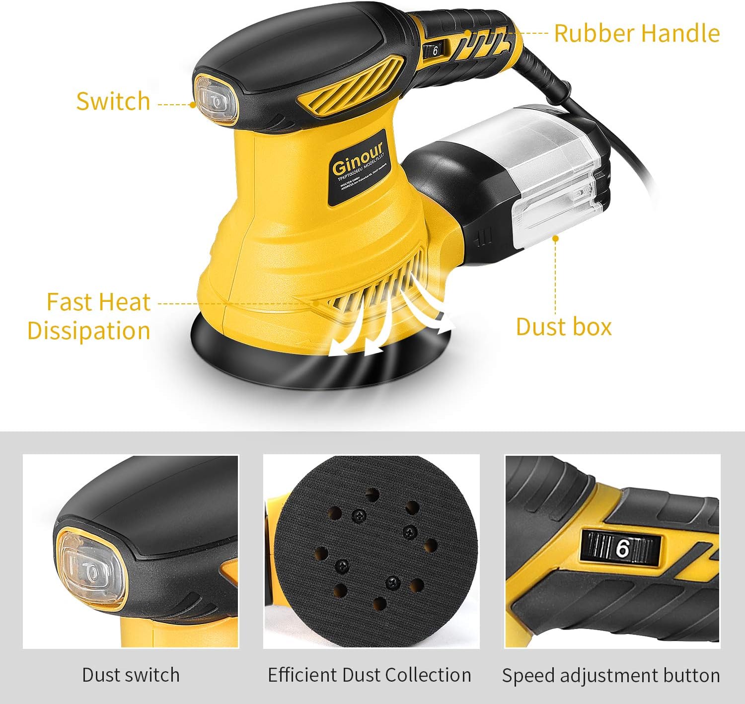Orbital Sander, Ginour 125MM Random Orbit Sander 13000RPM, 6 Variable ...