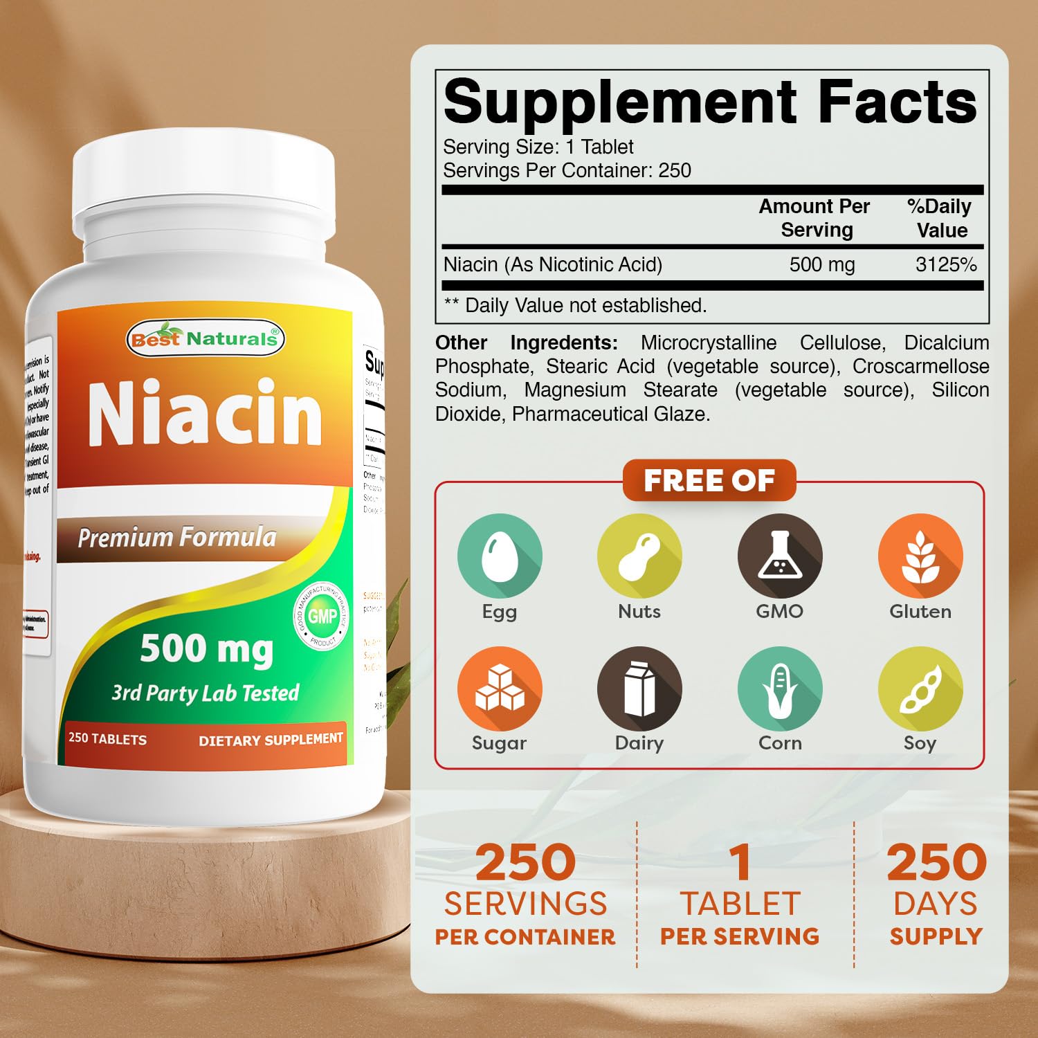 Mua Best Naturals Niacin 500mg 250 Tablets with Flushing - Also Called ...