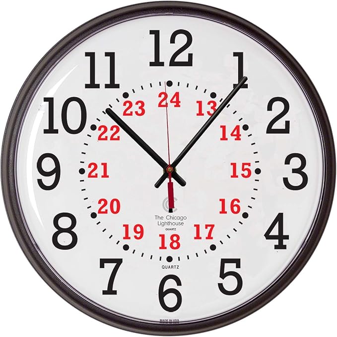 The Chicago Lighthouse Slimline 12/24-Hour Quartz Wall Clock, Black ...