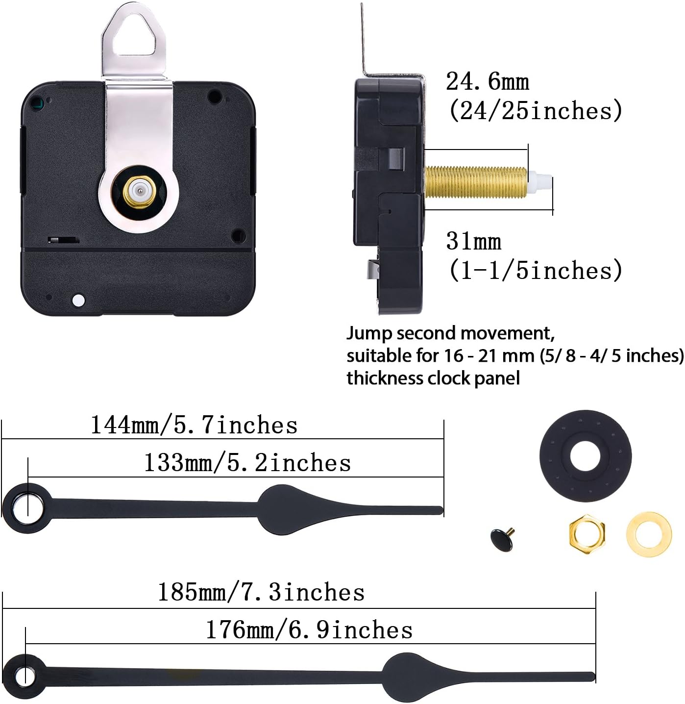 Long Spindle Clock Movement, 4/5 Inch Maximum Dial Thickness, 1-1/5 ...