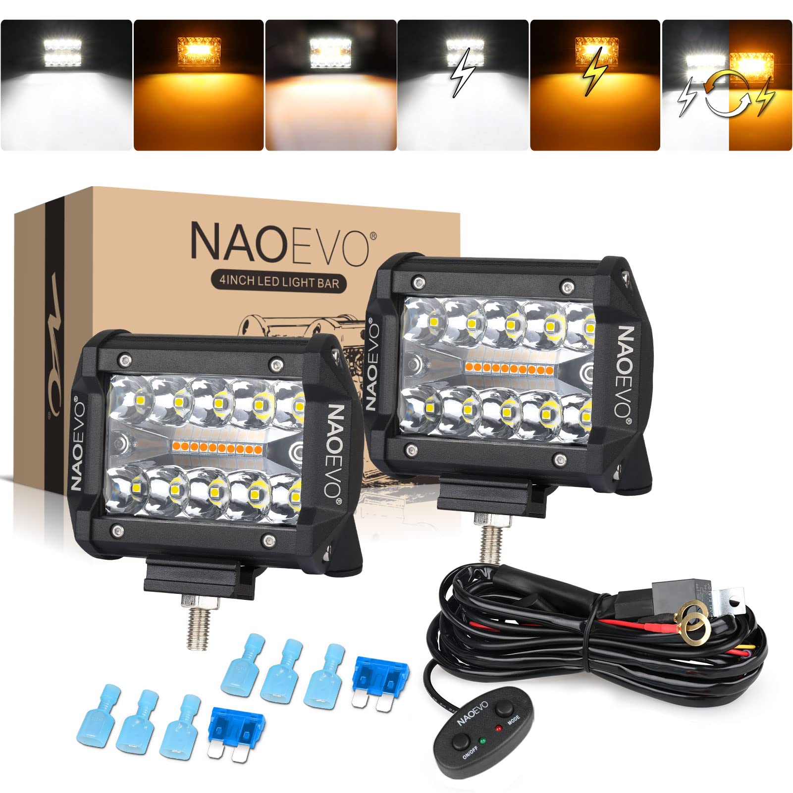 NAOEVO 4" 120W LED Light Pod with Wiring Harness, Amber White 6 Modes ...