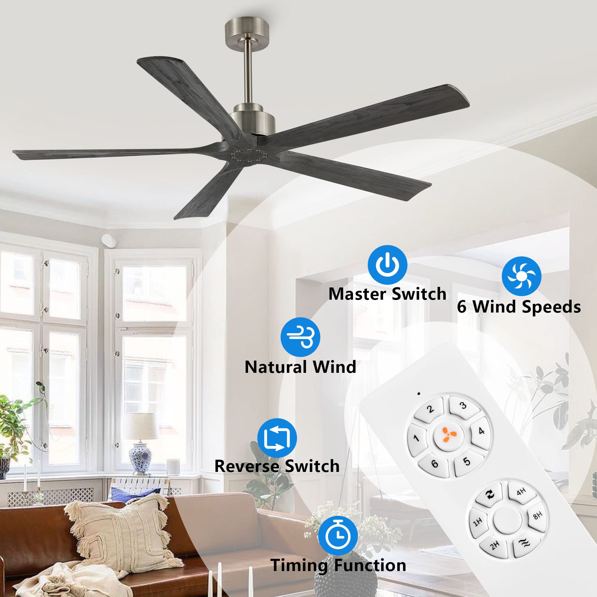 Mua ELEHINSER 60 Inch Modern Ceiling Fan without Light, 5 Solid Wood ...