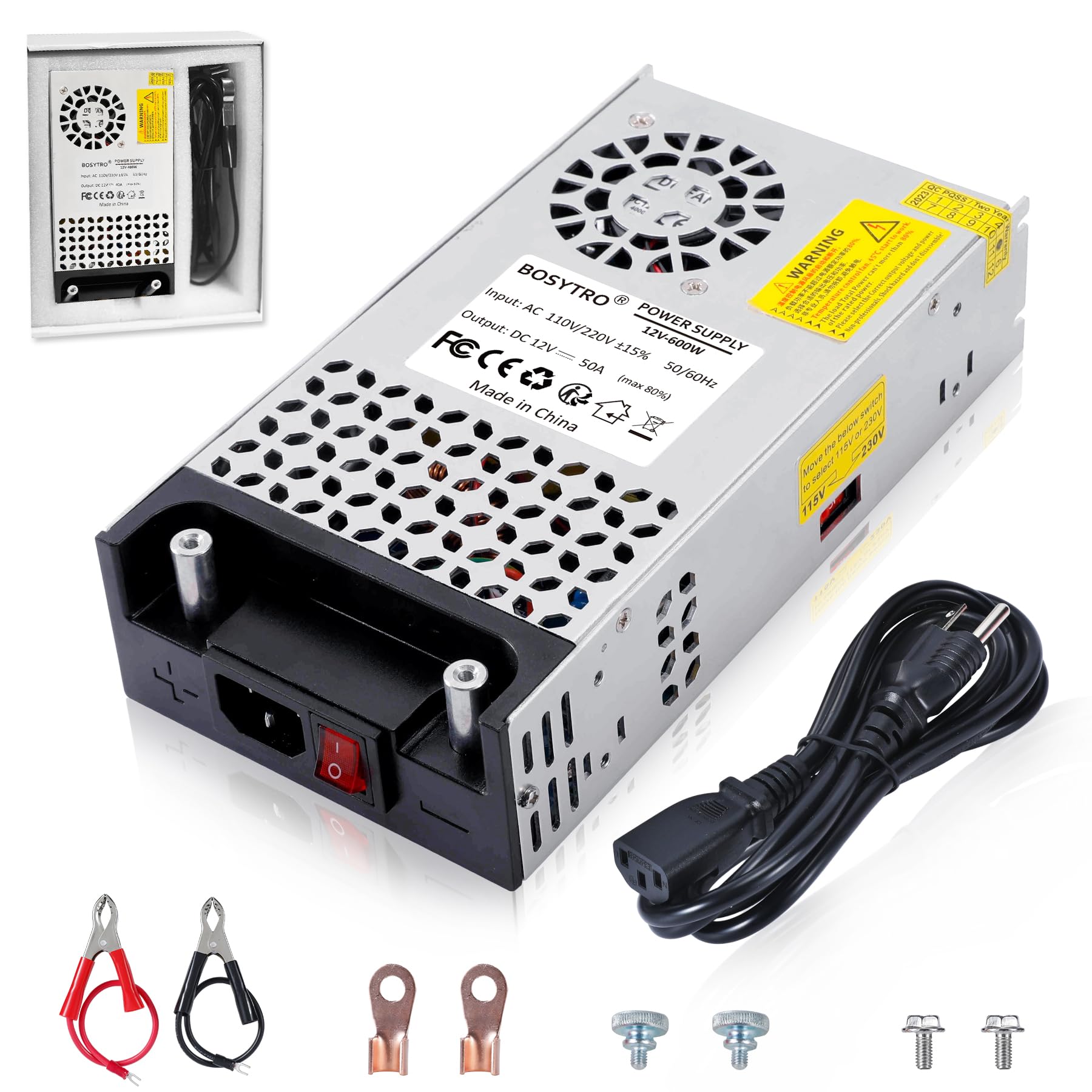 BOSYTRO AC to DC Converter, 12V DC Power Supply 600W Max 50A SMPS 110v ...