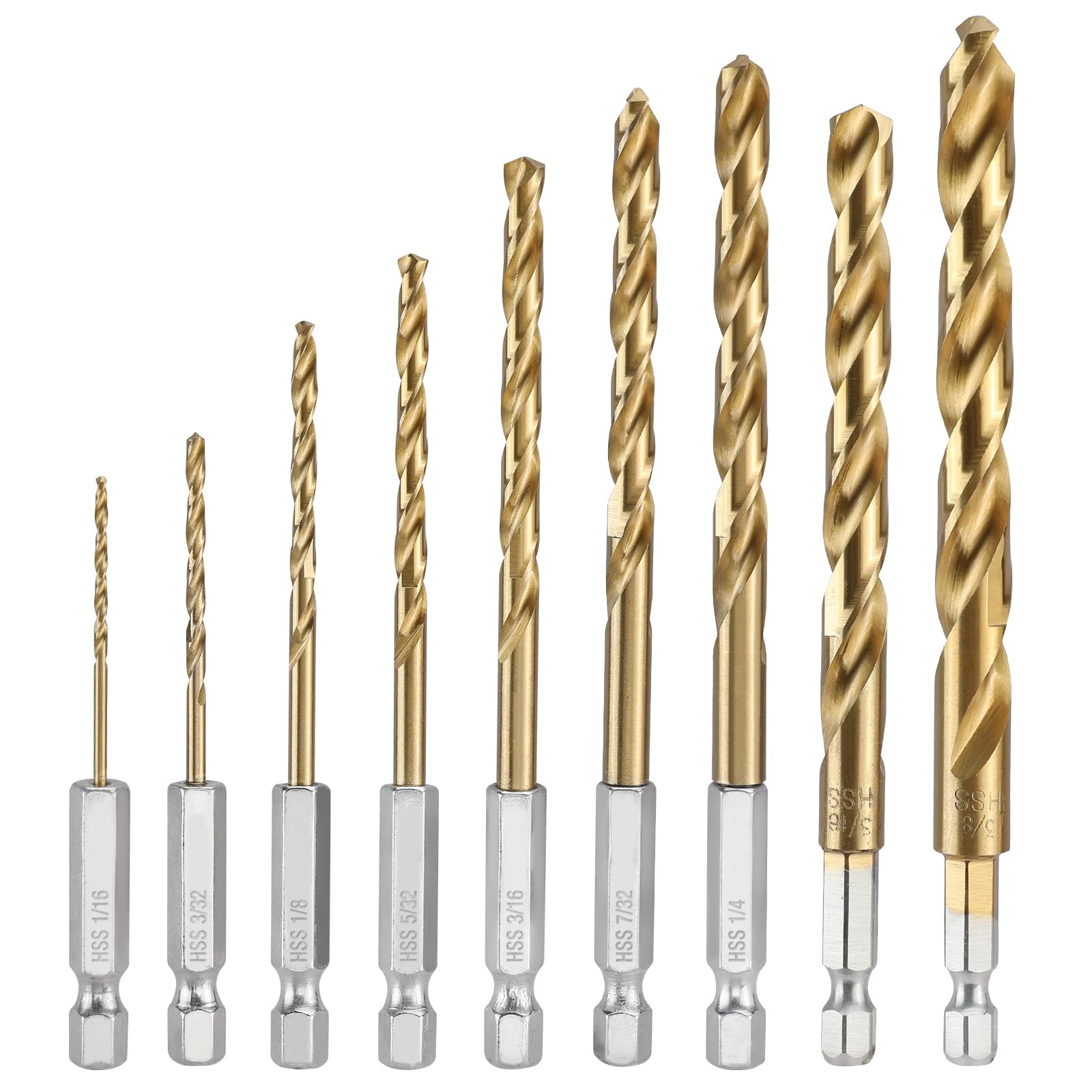 WORKPRO 9-Piece 1/4" Hex Shank Drill Bit Set, Titanium Plating HSS ...