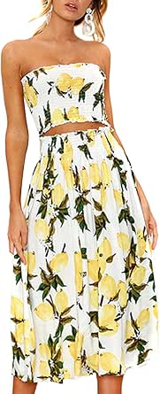 Women's Lemon Crop Top Maxi Skirt Set-Bandesu Top High Waist Midi Skirt ...