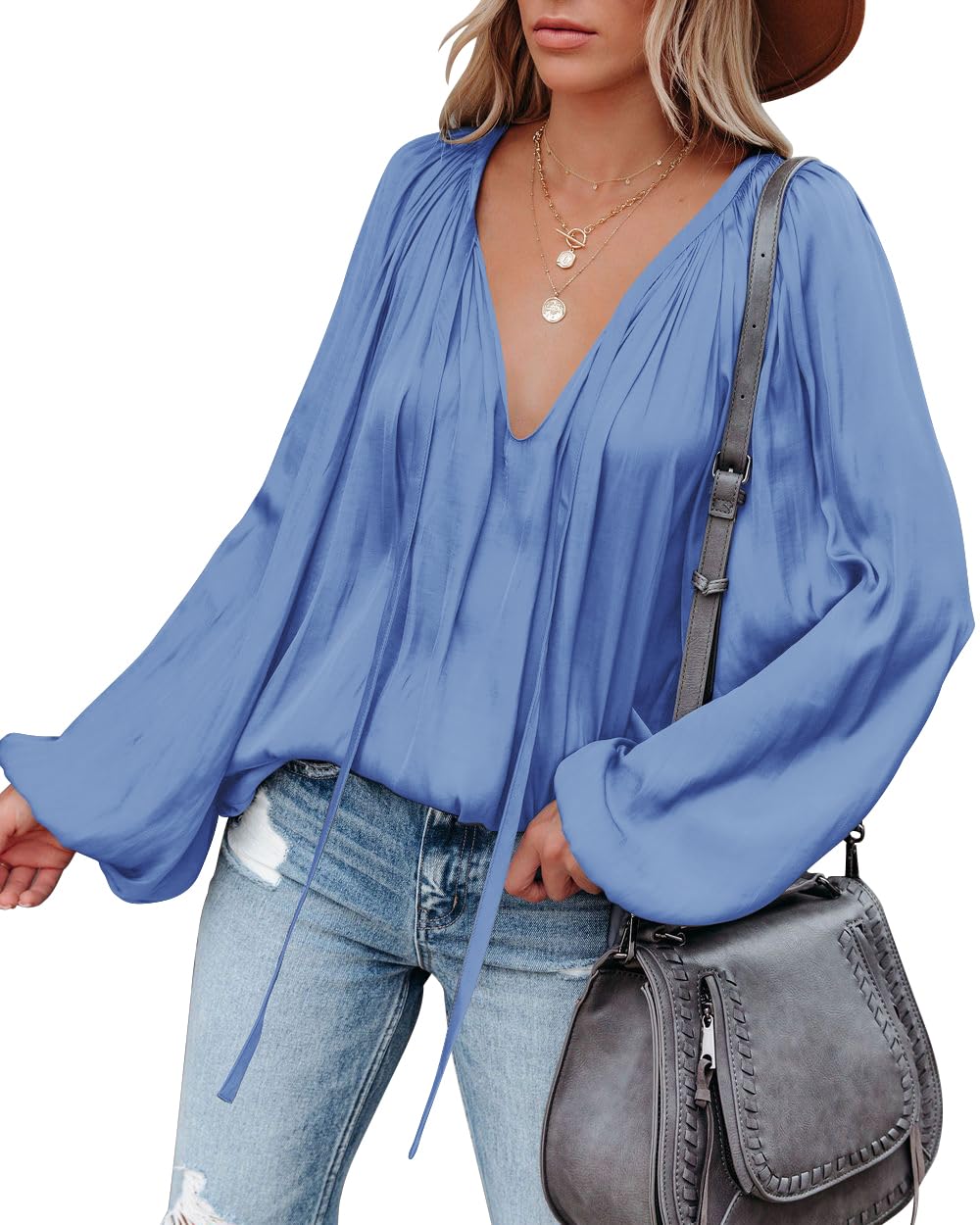 LAMISSCHE Bell Sleeve Tops for Women Satin Blouses Sexy Flowy Boho Tops ...