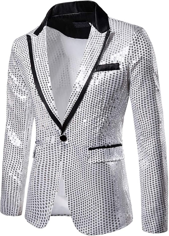 Mens Sequin Blazer Slim Fit Suit Jacket One Button Blazer Sports Coat ...