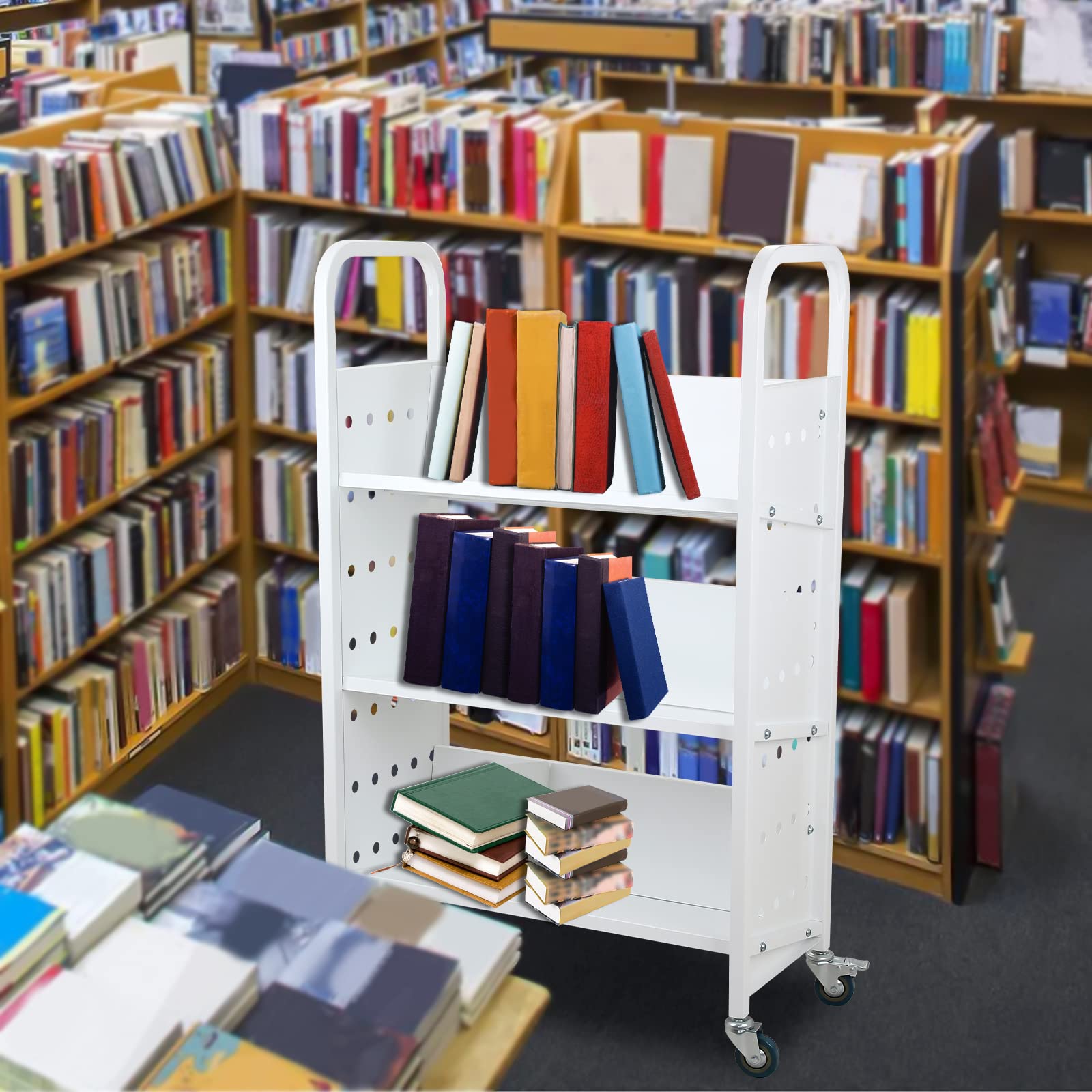 Hasopy Movable Library Book Cart, Rolling Book Cart With 4 Lockable ...