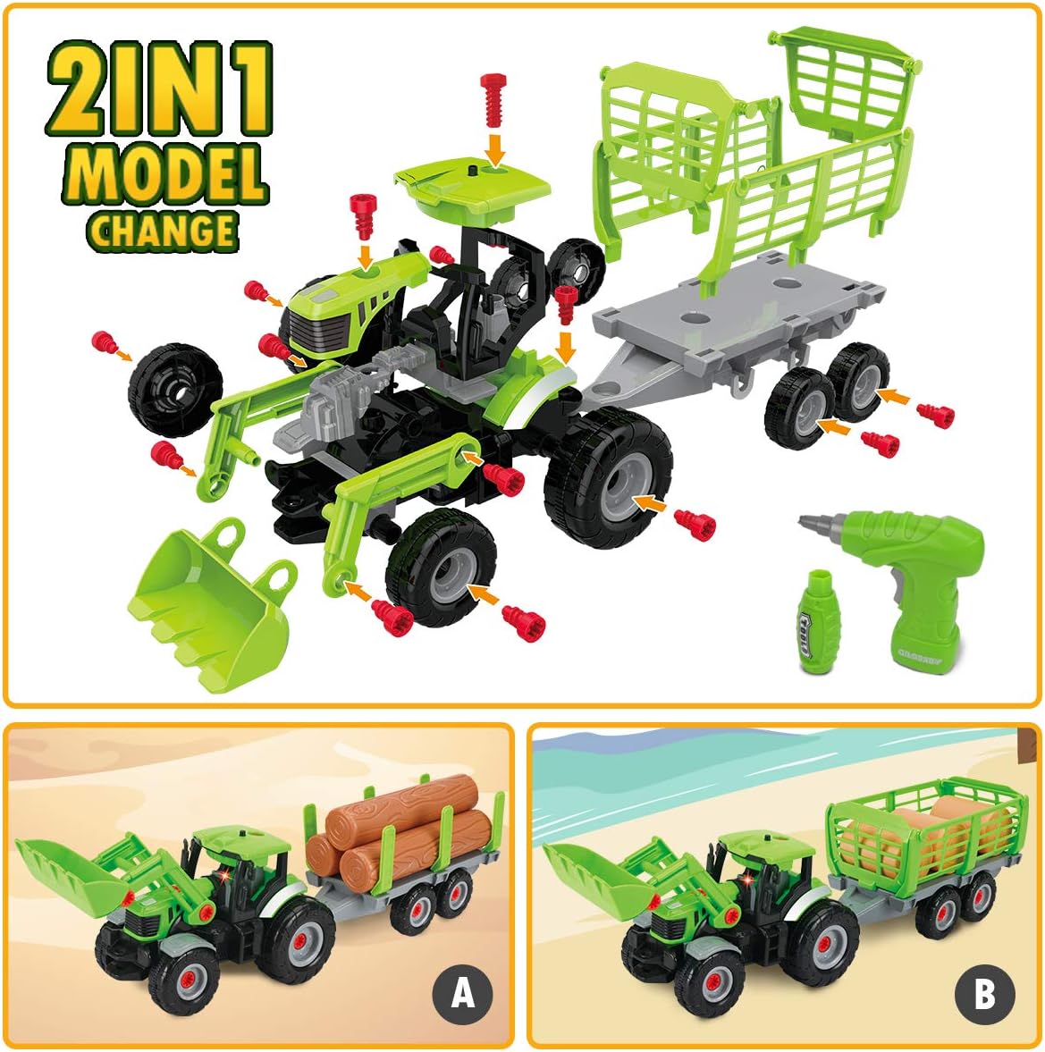 GILOBABY Assembly Toy Car, 2 in 1 Farm Vehicles for Children, Tractor ...