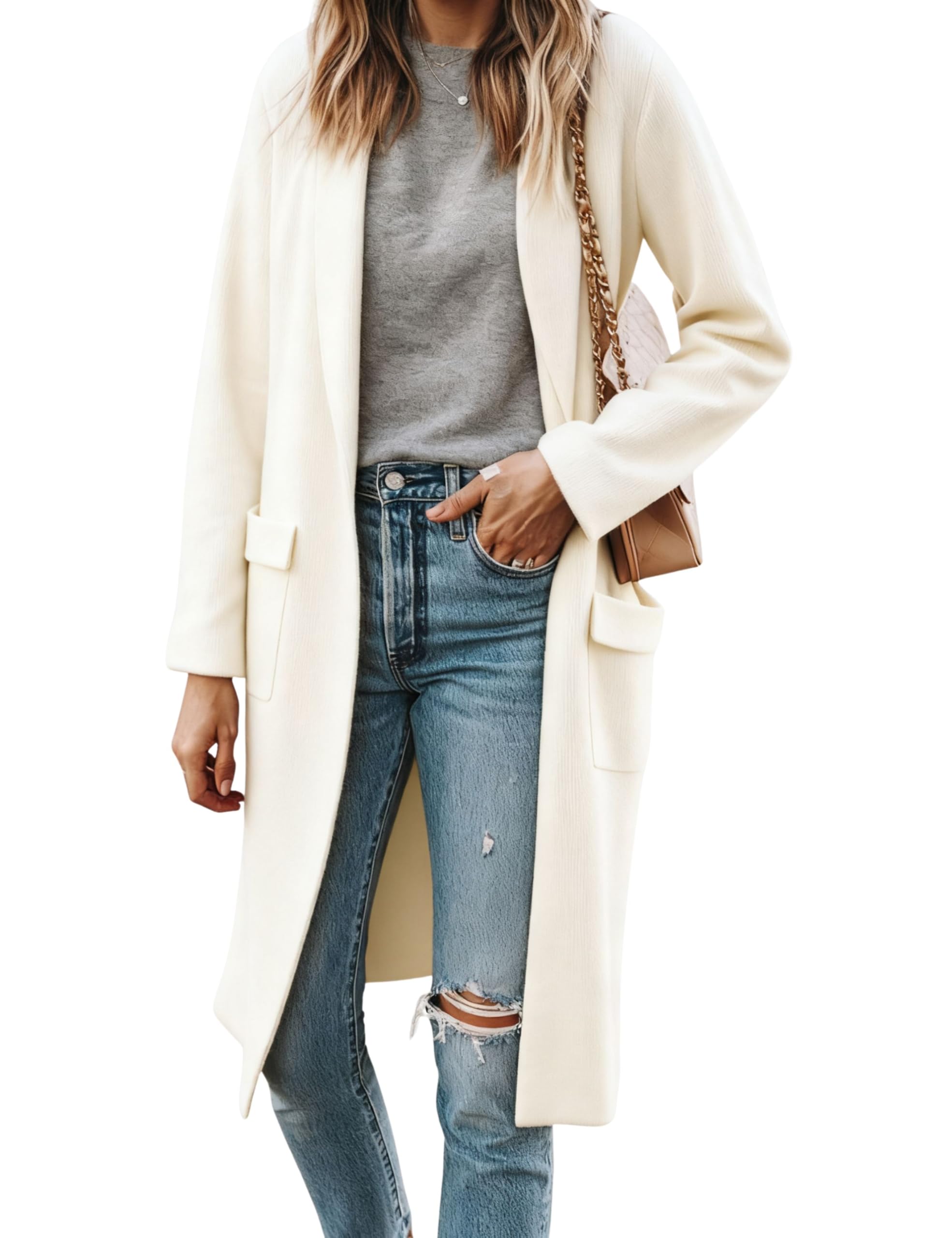 Hooever Women's Open Front Knit Cardigan Long Lapel Coatigan Sweater ...