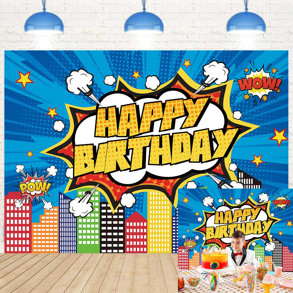 Generic Superhero Cityscape Happy Birthday Backdrop Blue Skyline ...