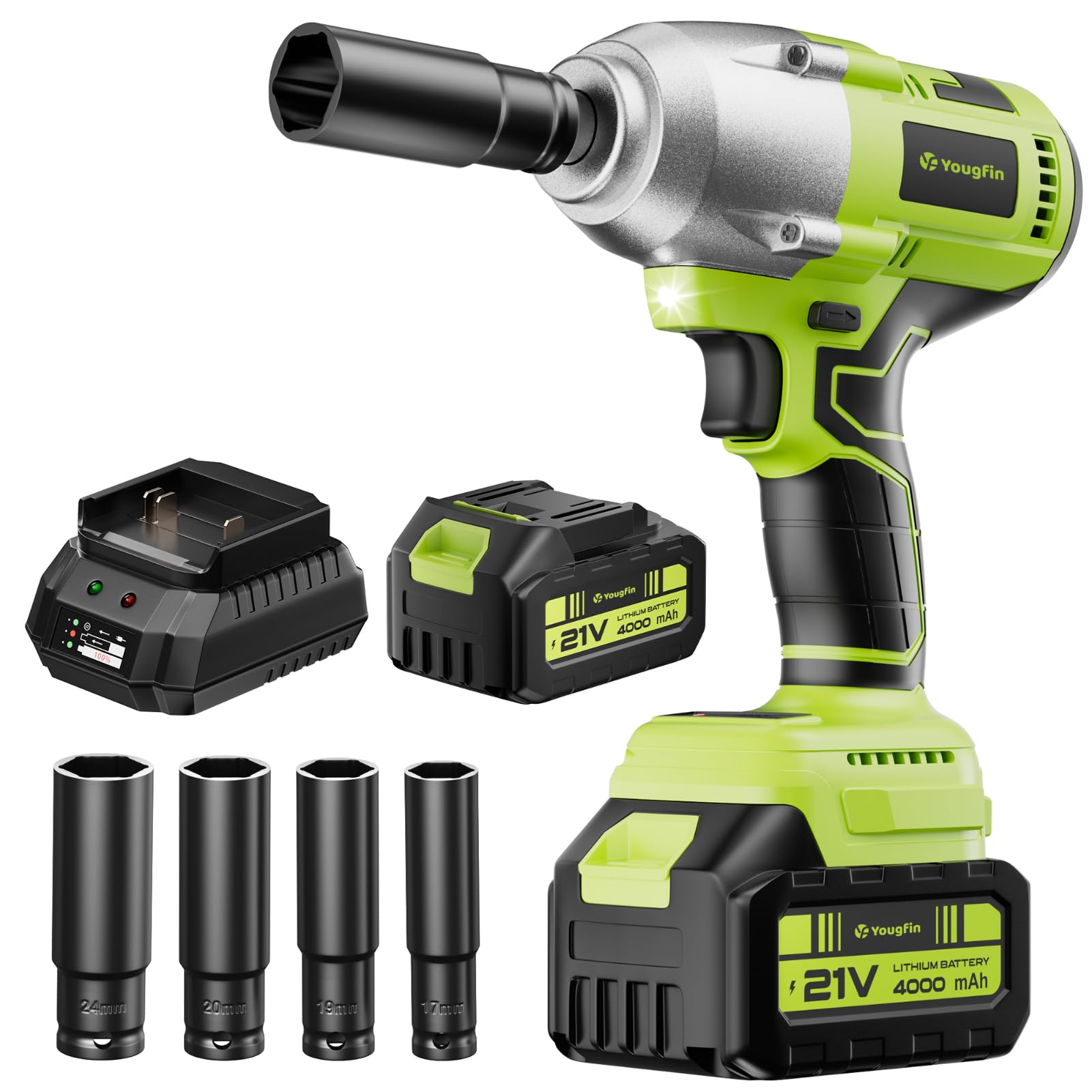Yougfin Cordless Impact Wrench 550N.m (406 Ft-lbs), Power Brushless ...