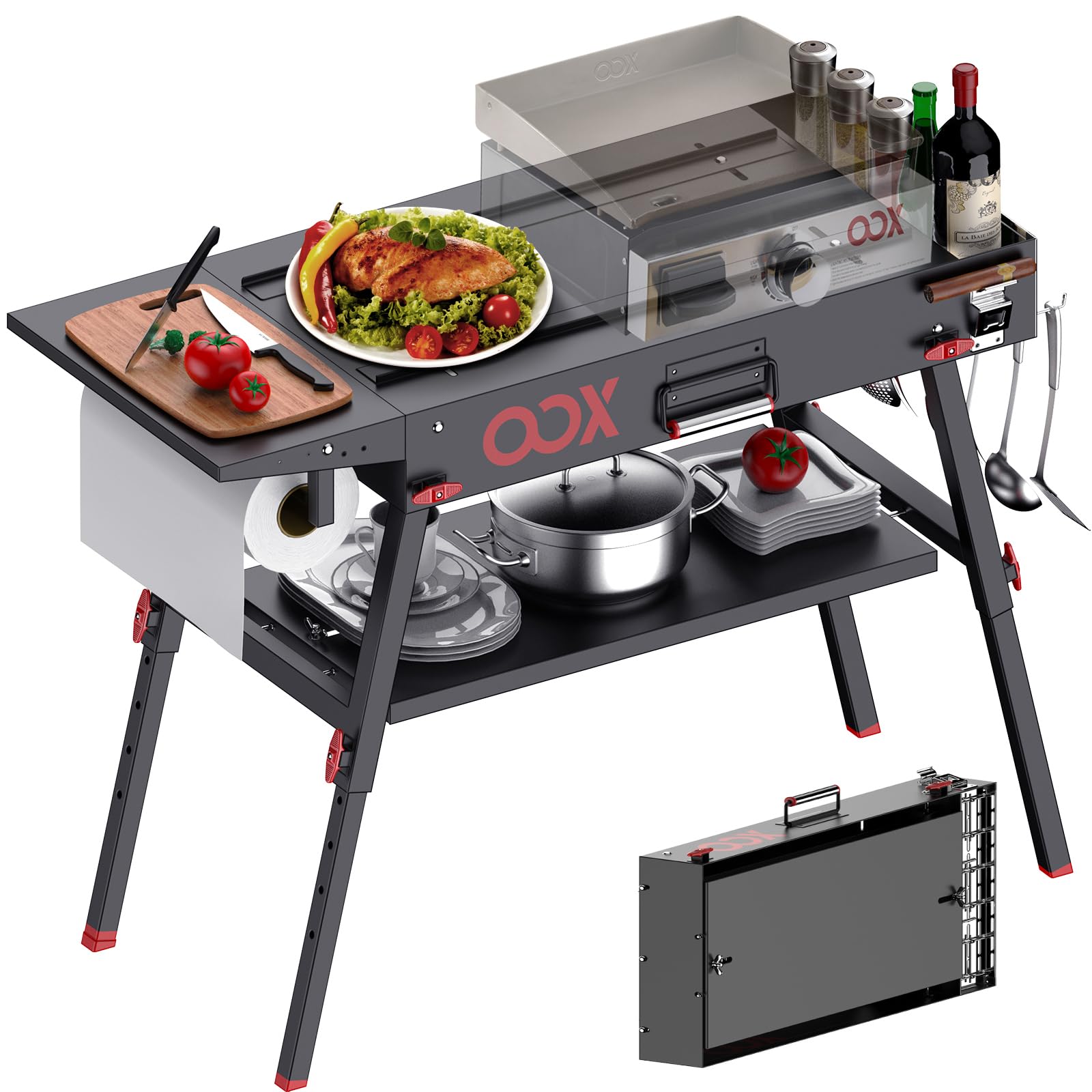 OOX Portable Grill Table with Double-Shelf for Outdoor Prep,Folding ...