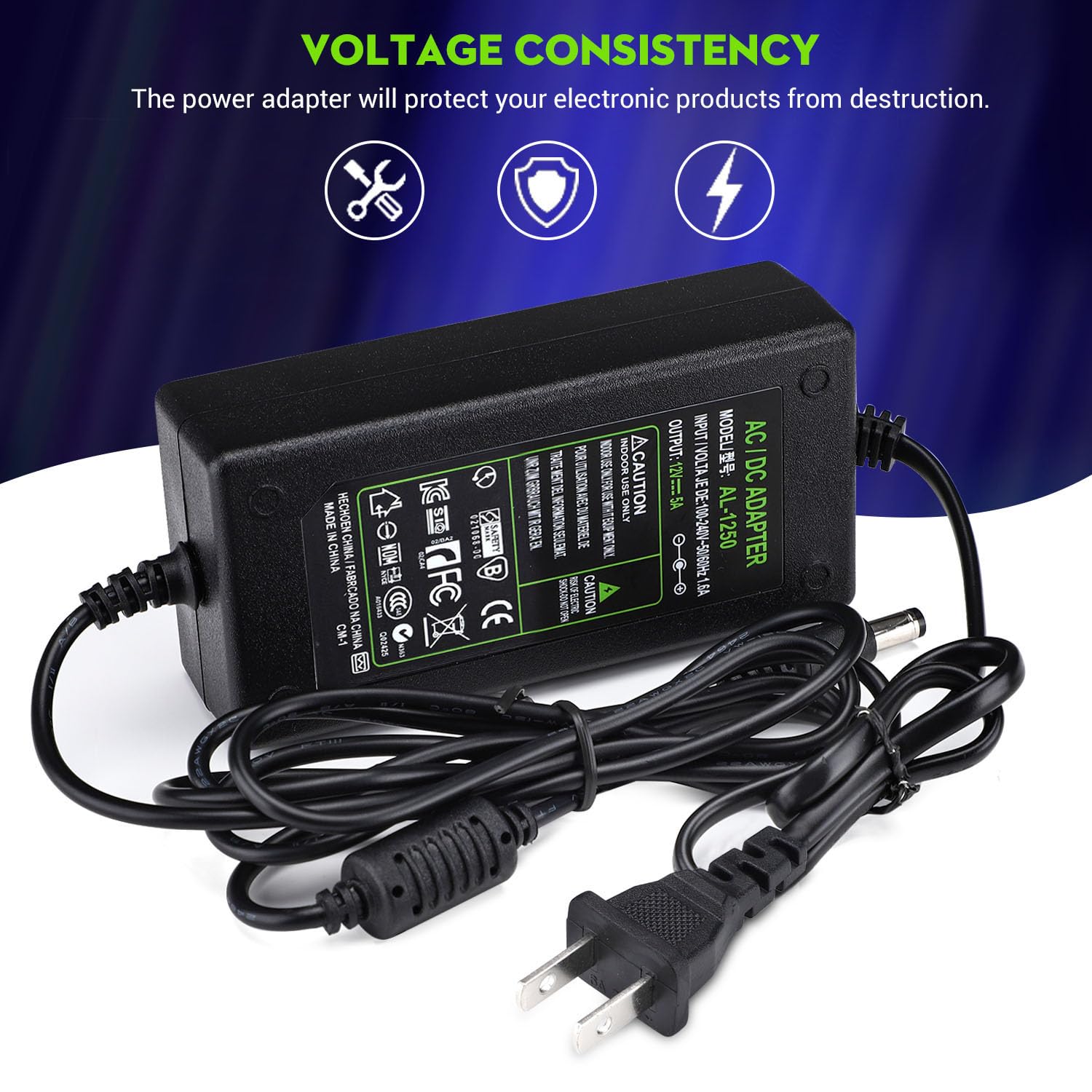 Mua TOBWOLF DC 12V 5A Power Supply Adapter, US Plug, 4.6FT Power Cord, AC 100-240V to DC 12V 5A ...