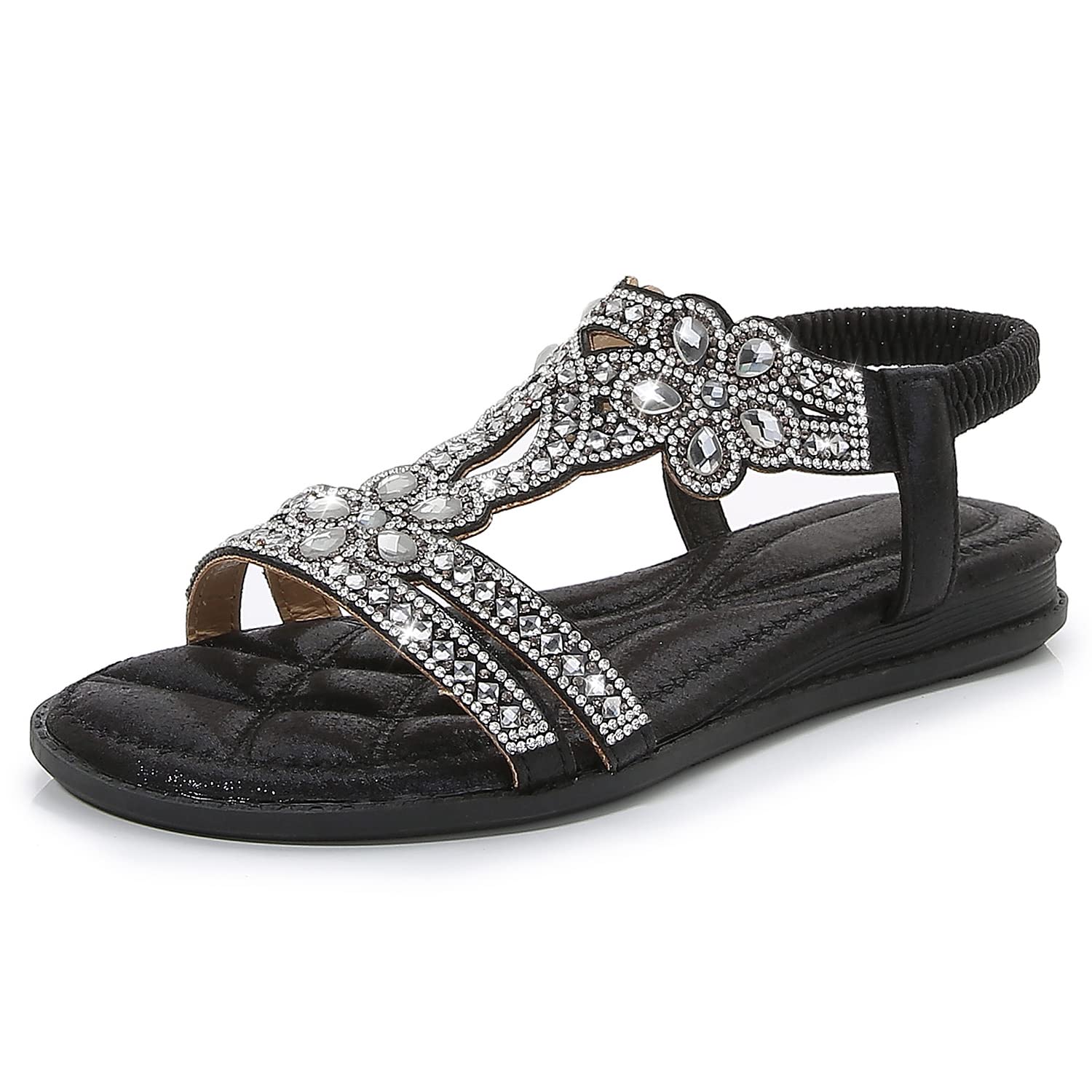 iCKER Women Rhinestone Sandals T-Strap Buckle Bohemian Pearl Crystal ...