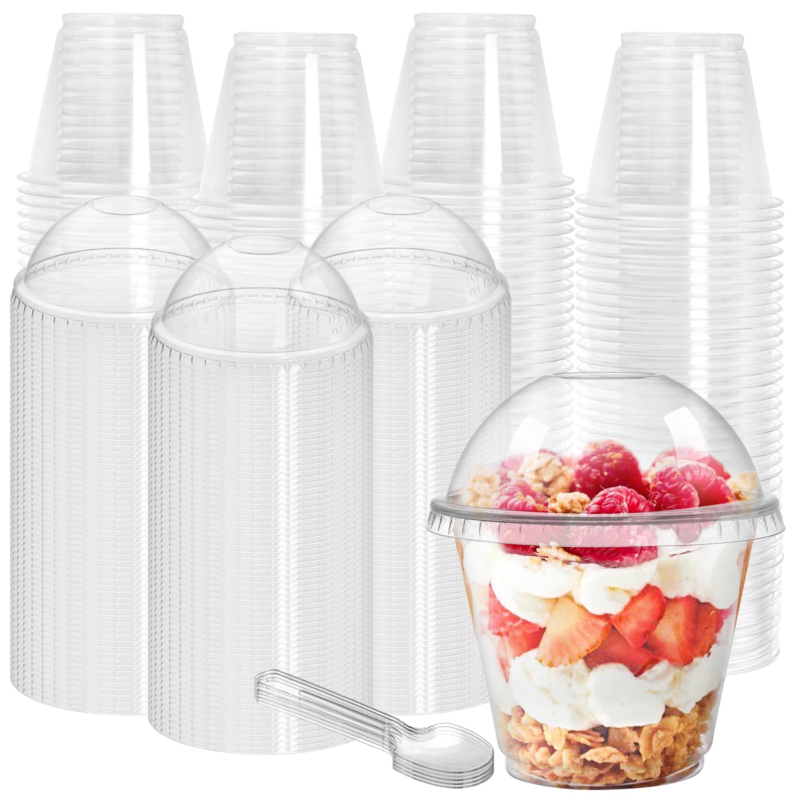 Coloch 100 Pack 9 Oz Clear Plastic Dessert Cup with Dome Lid and Spoon ...
