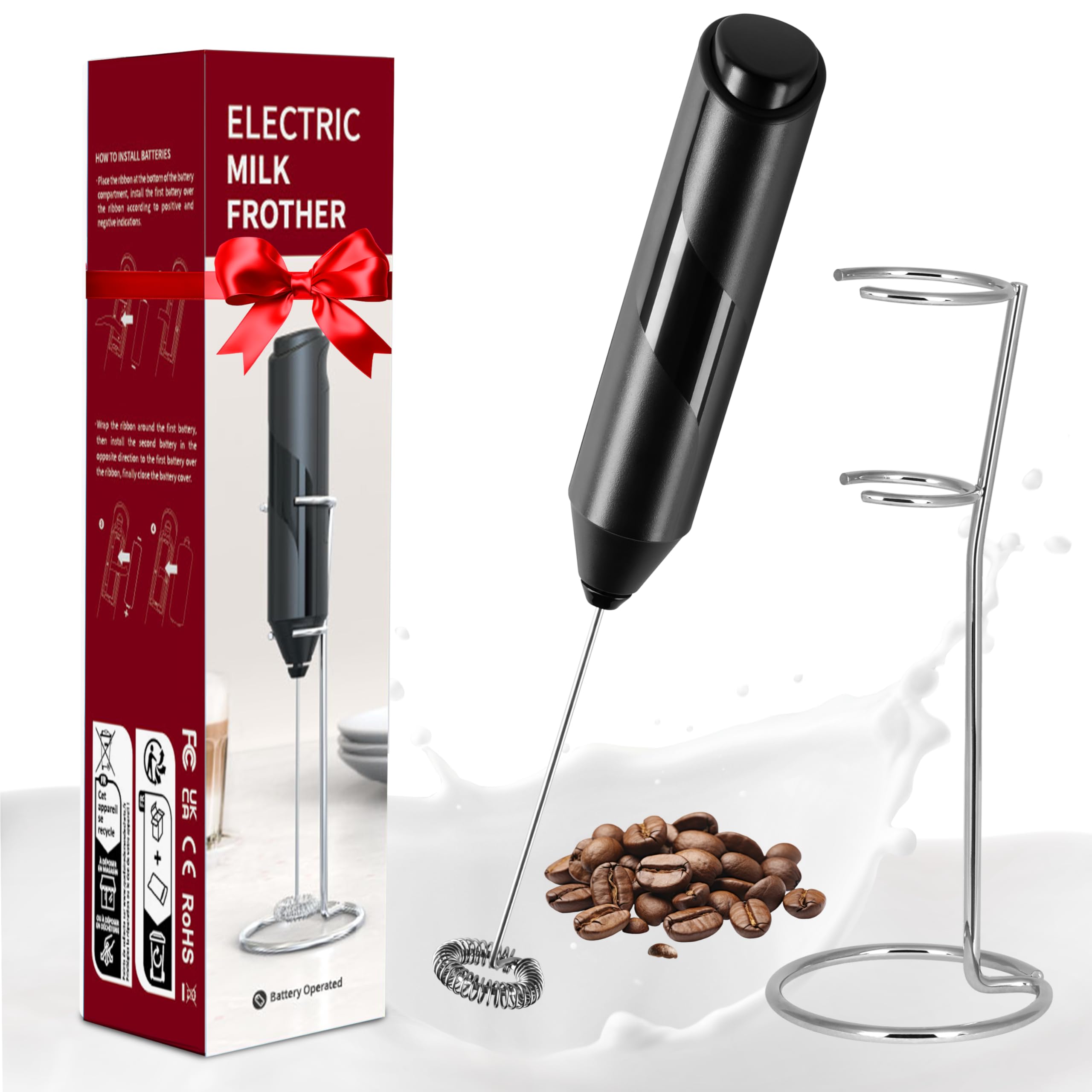 YSSOA Electric Milk Frother Handheld with Stainless Steel Stand Battery ...