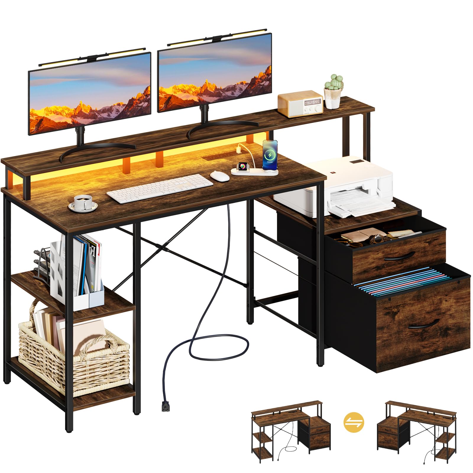 Yoobure Computer Desk, Gaming Desk with LED Lights & Outlets, 59 ...
