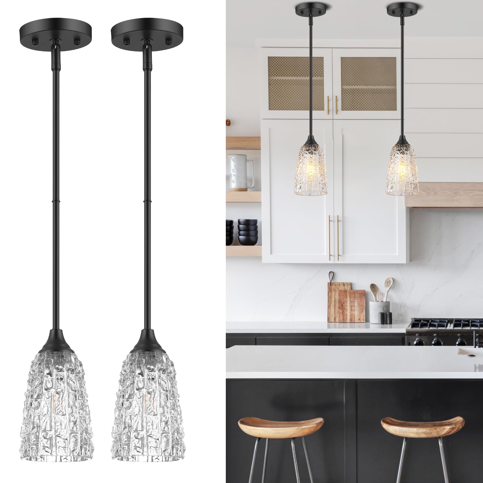 SADUENFR Glass Pendant Lights Kitchen Island 2 Pack, Modern Black Mini ...