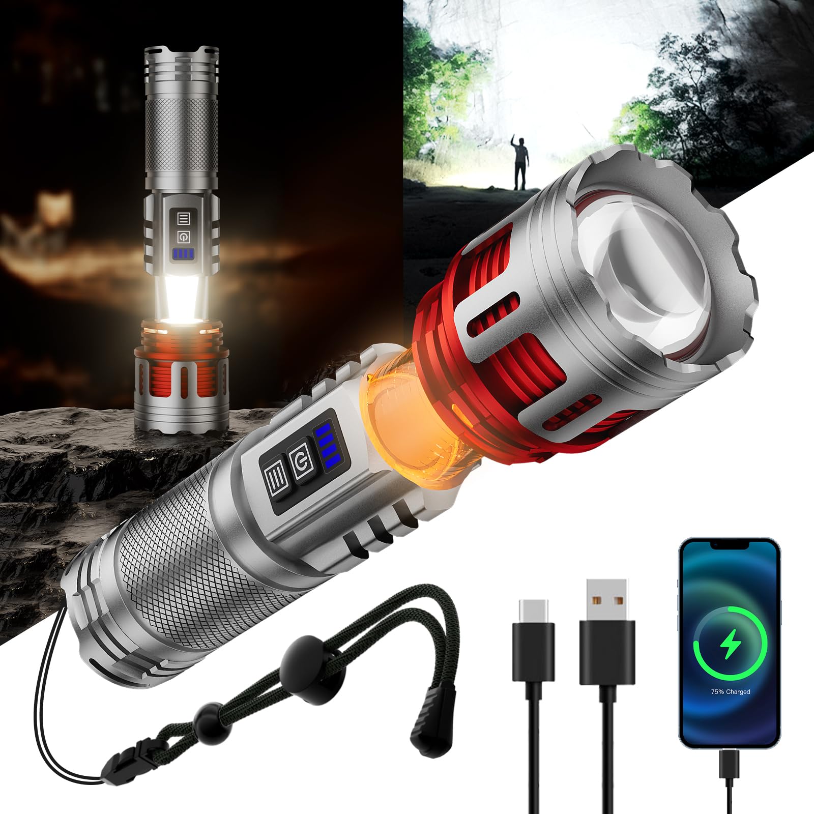 SKYFIRE LED Rechargeable Flashlight 20000.00lm High Lumens with Ambient ...