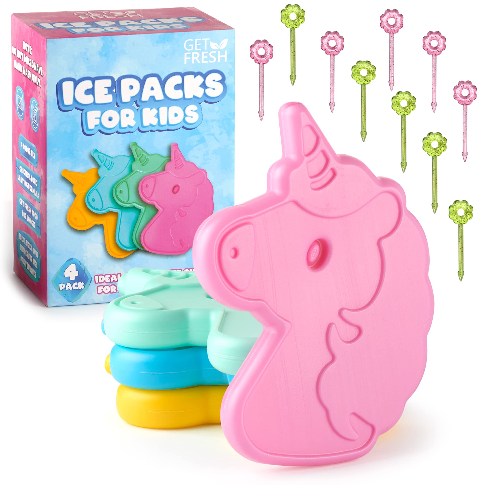 GET FRESH Mini Freezer Ice Packs for Kids Lunch Box – 4-Pack Unicorn Small Freezer Blocks for ...