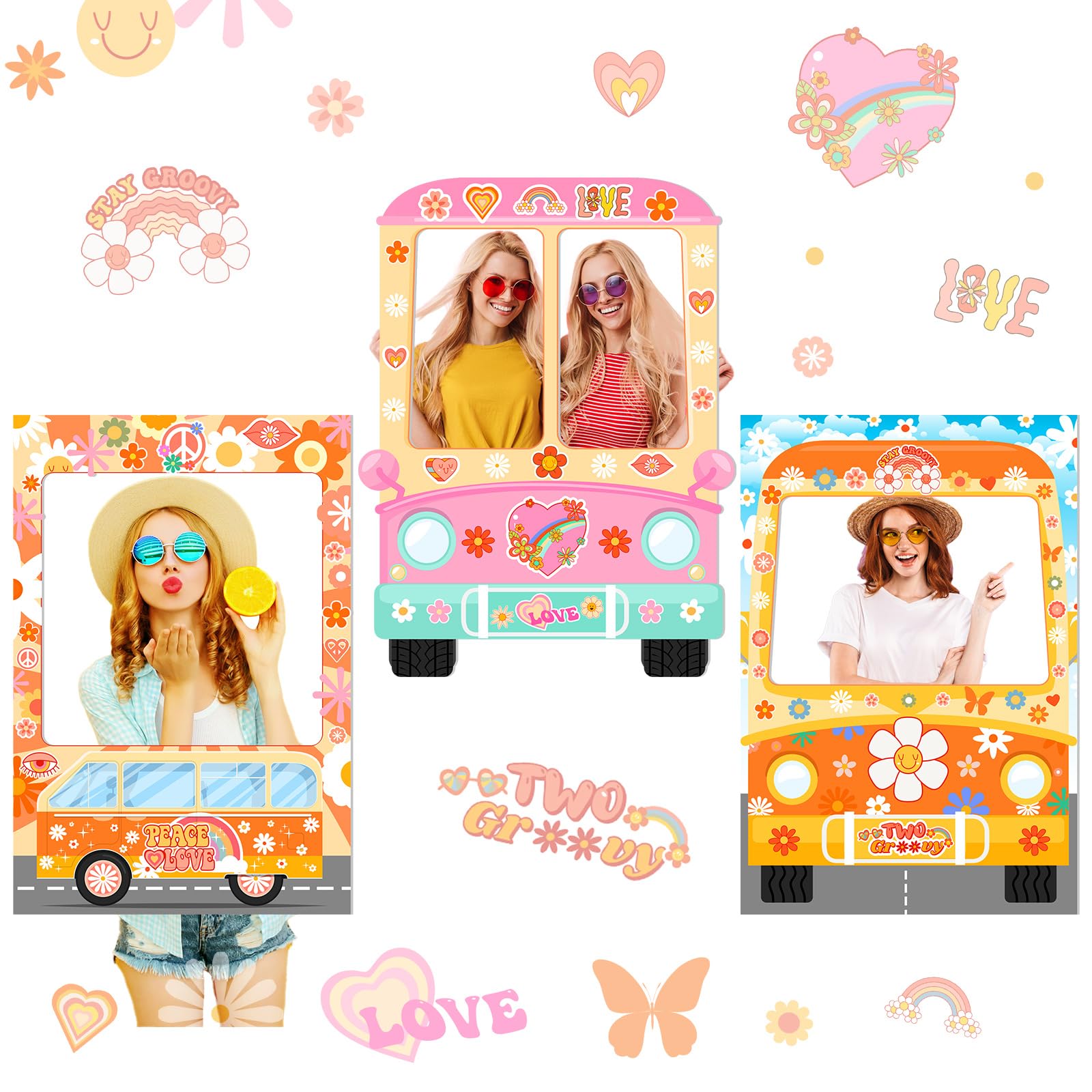 Cinnvoice 3 Pcs Hippie Bus Photo Booth Props Groovy Birthday Party ...