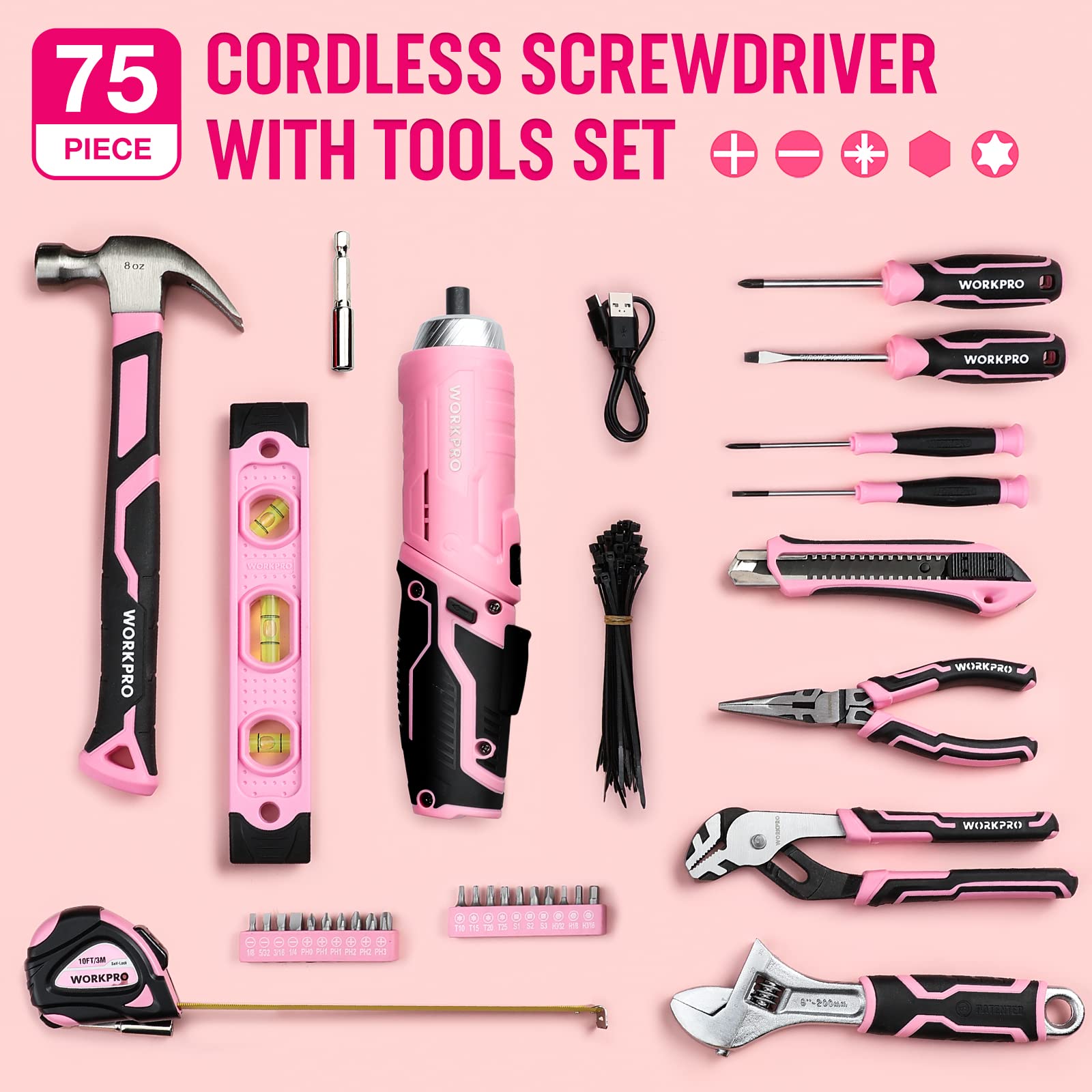 Mua WORKPRO 75-Piece Pink Tools Set, 3.7V Rotatable Cordless ...