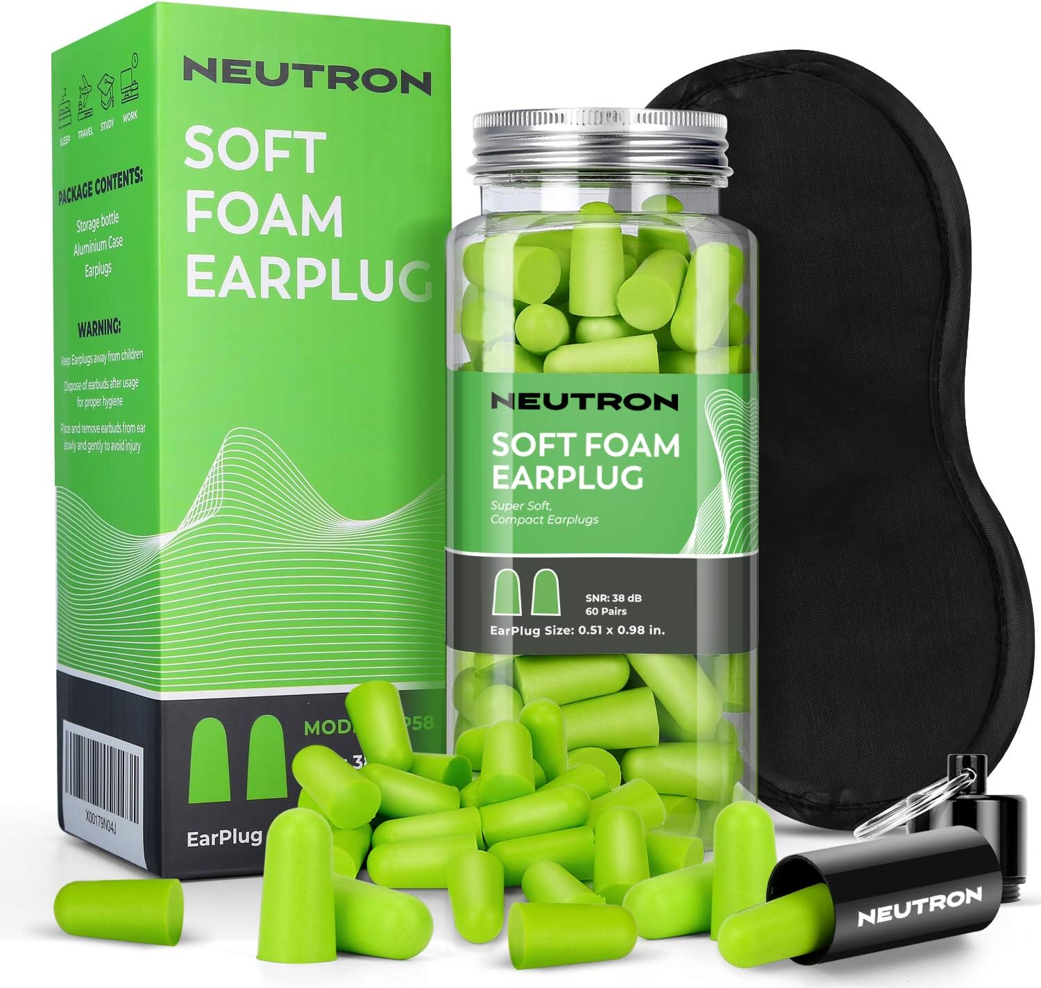 Neutron Soft Foam Ear Plugs with Eye Mask & Travel Case - Noise ...