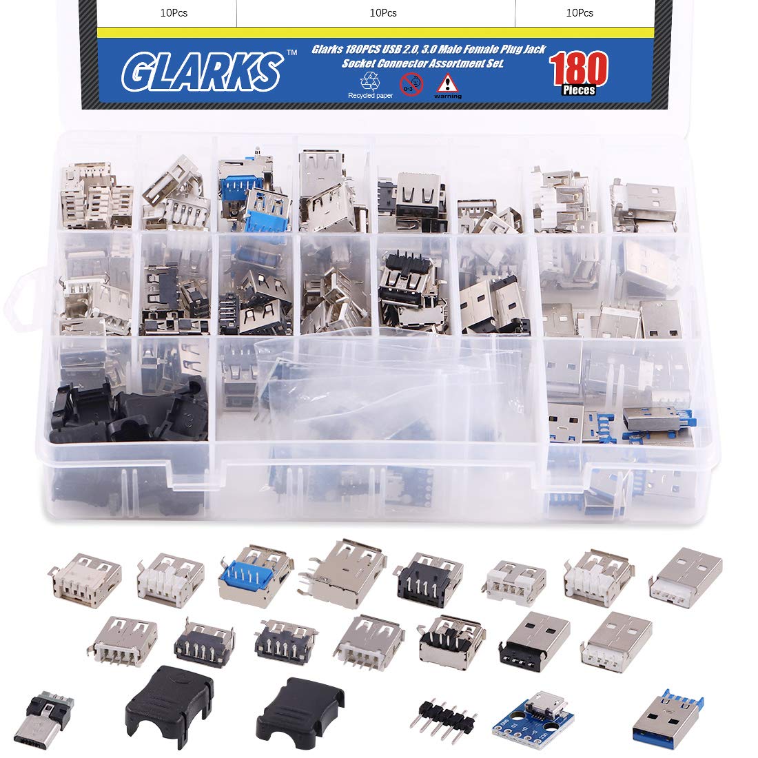 Glarks 180Pcs Micro Sockets USB 2.0 3.0 Type A Male Female Plug ...